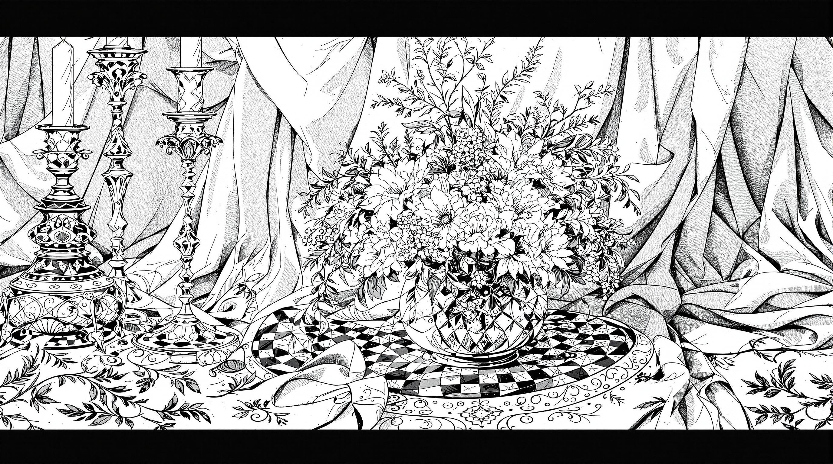 Baroque Still Life Coloring Page with Candlesticks and Floral ...