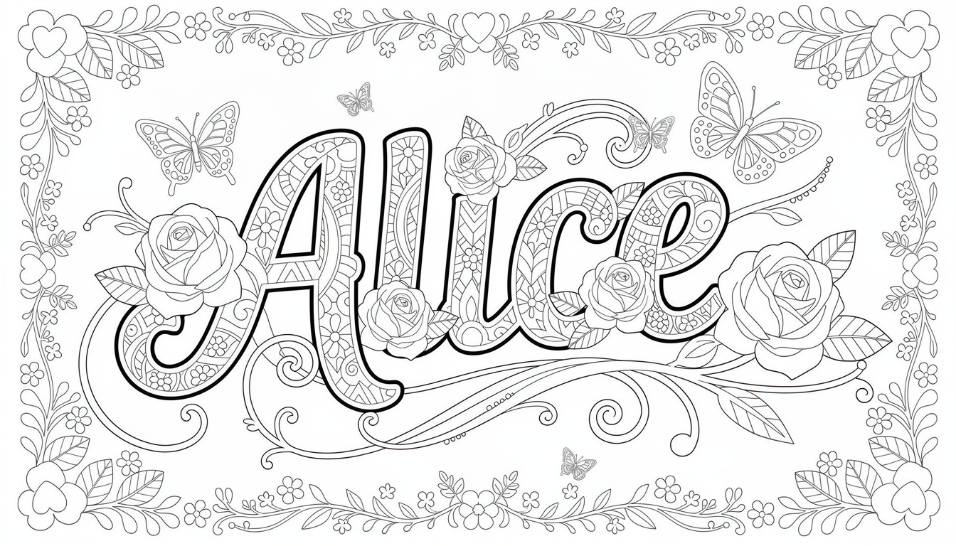 Alice Name Coloring Page with Roses | Free PDF | Colorazen