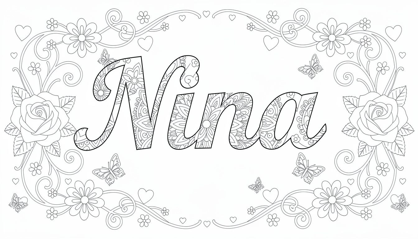 Coloriage Prénom Nina avec Roses et Papillons | PDF Gratuit | Colorazen