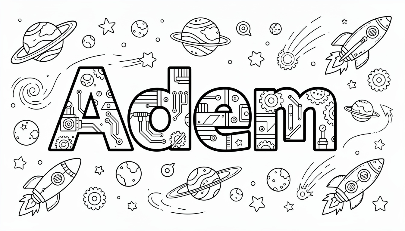 Coloriage Prénom Adem Espace et Engrenages | PDF Gratuit | Colorazen
