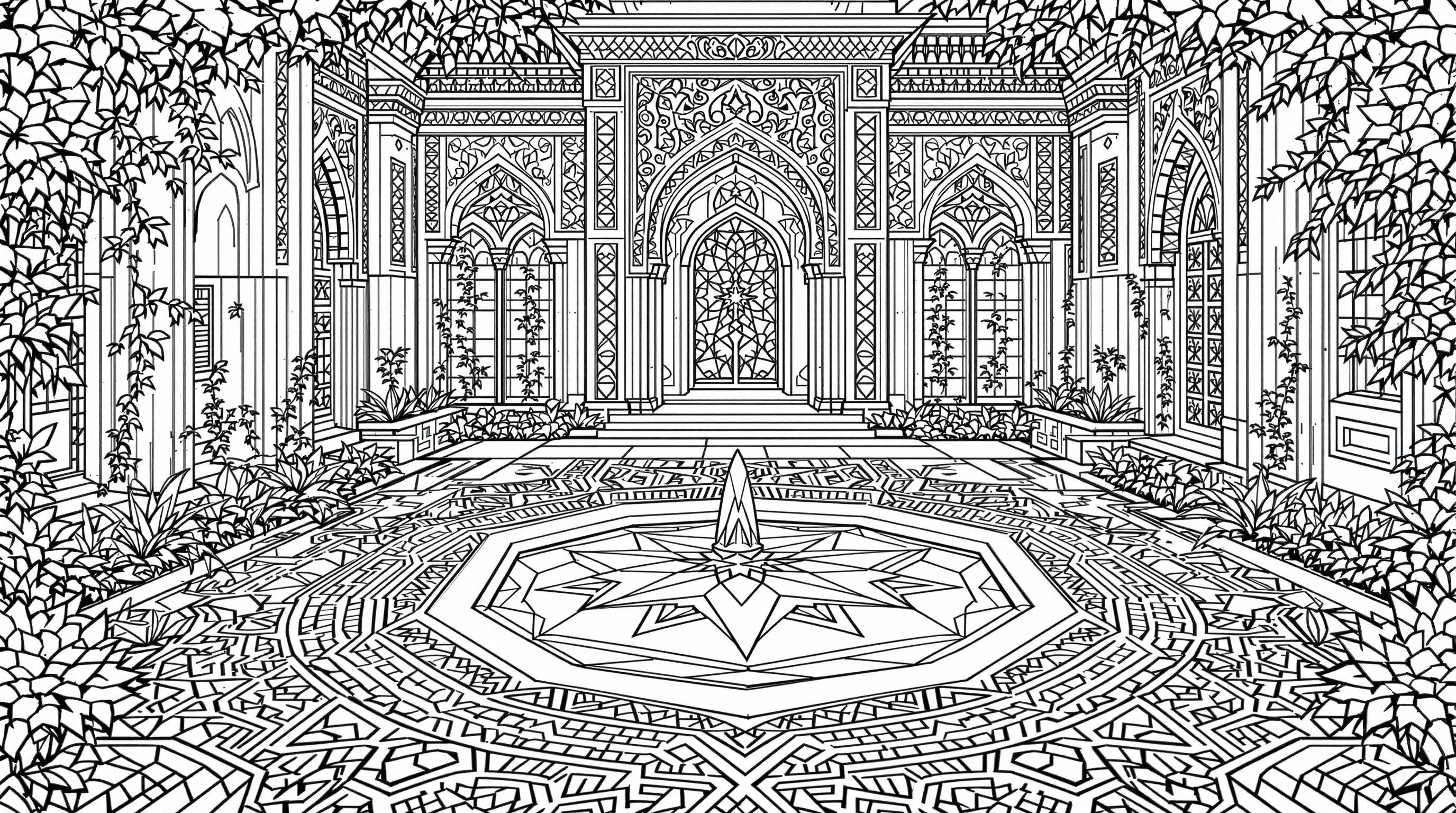 Persian Garden Courtyard Adult Coloring Page with Islamic Patterns ...