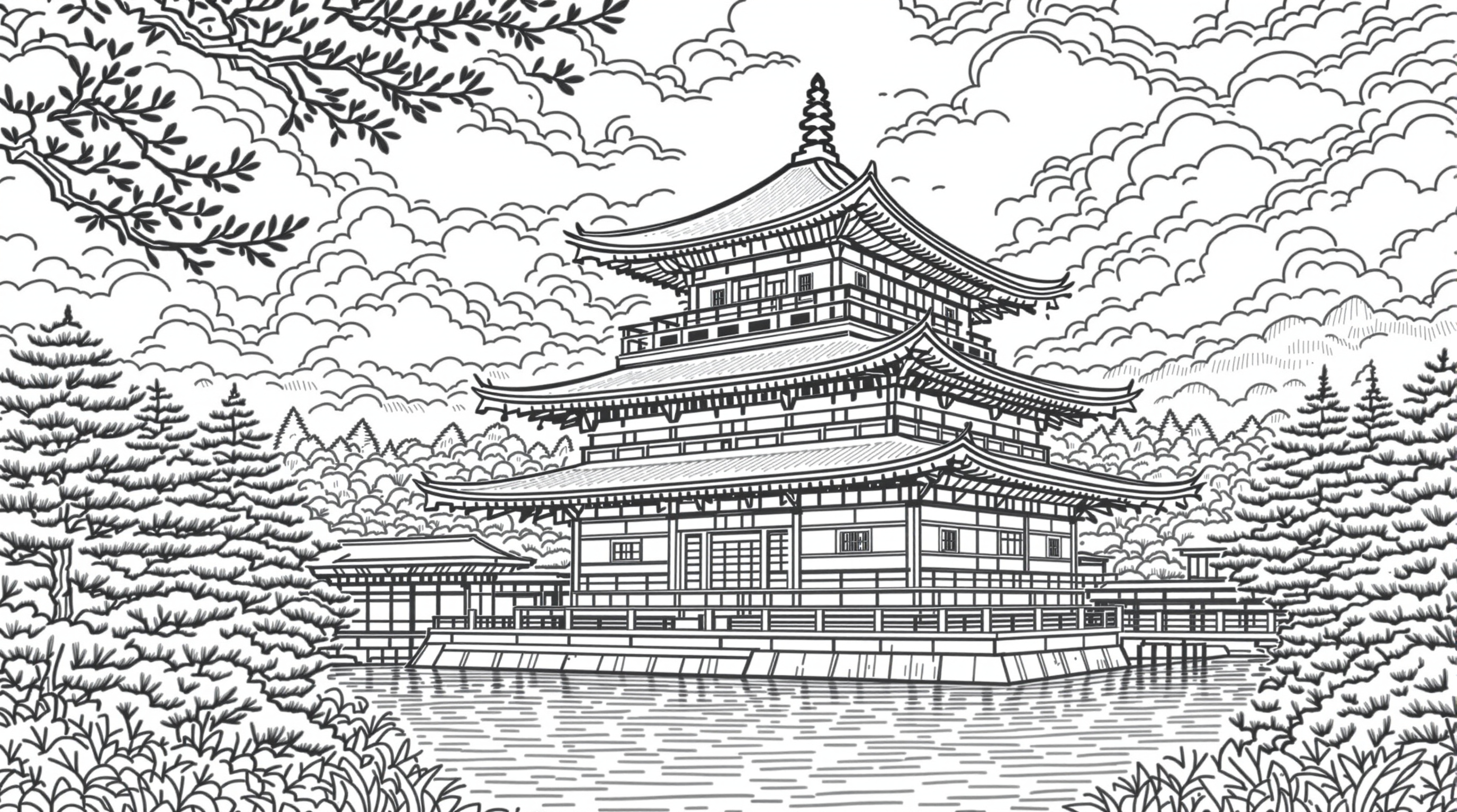 Kinkaku-ji Golden Pavilion Coloring Page | Free PDF | Colorazen