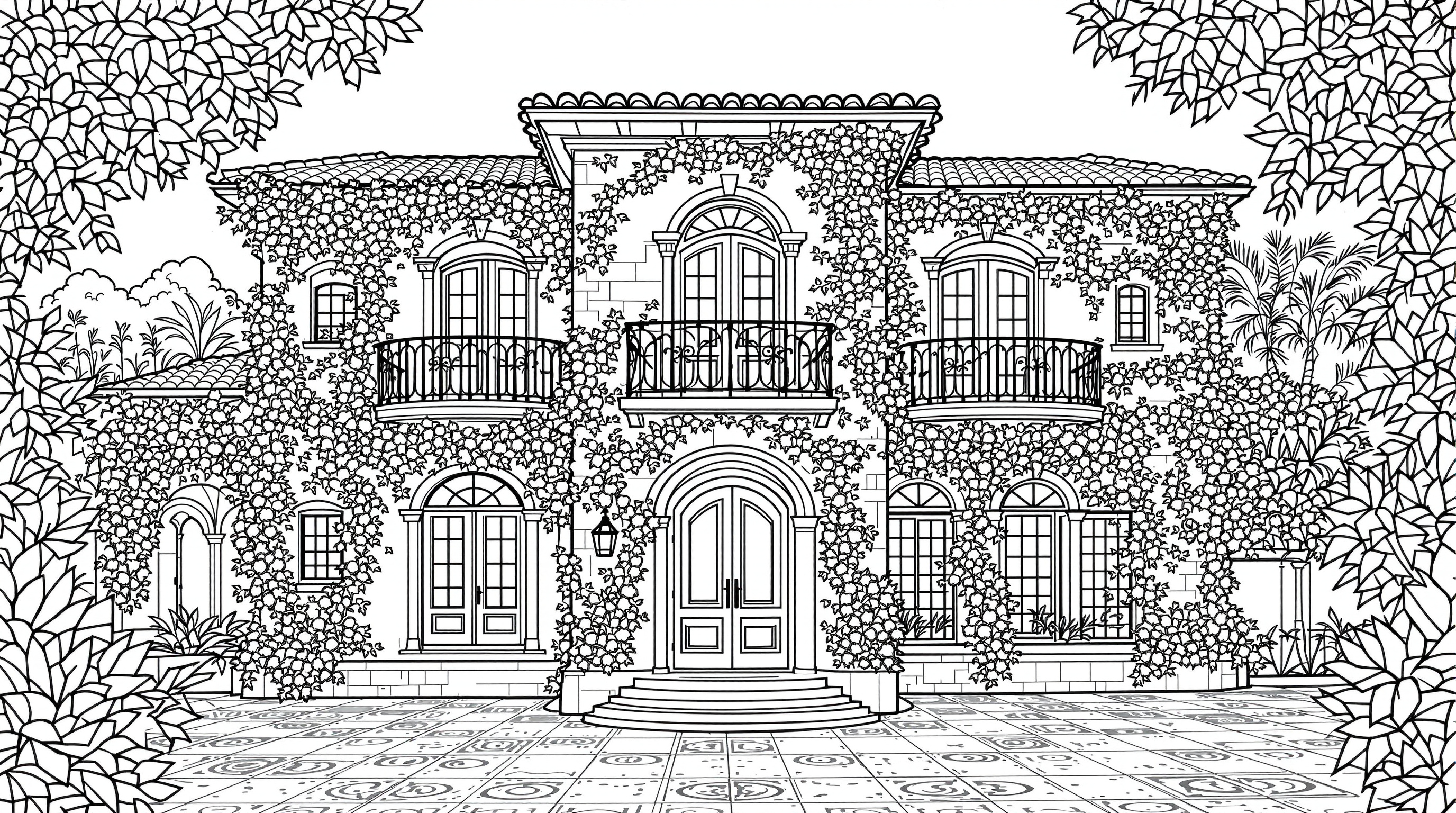 Mediterrane Villa - Erwachsenen Ausmalbild mit Details | Colorazen