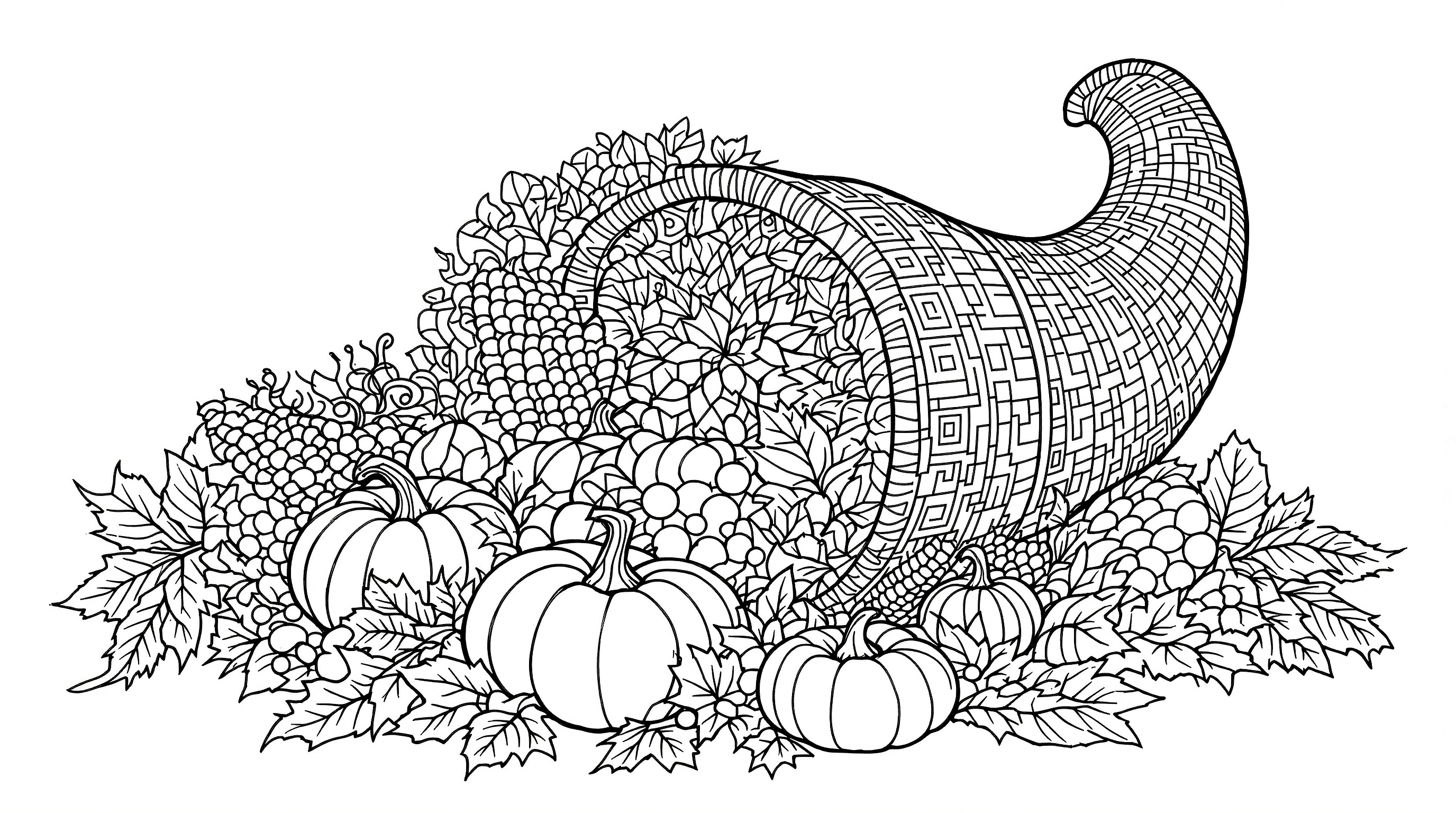 Detailed Cornucopia Adult Coloring Page - Harvest Theme | Colorazen
