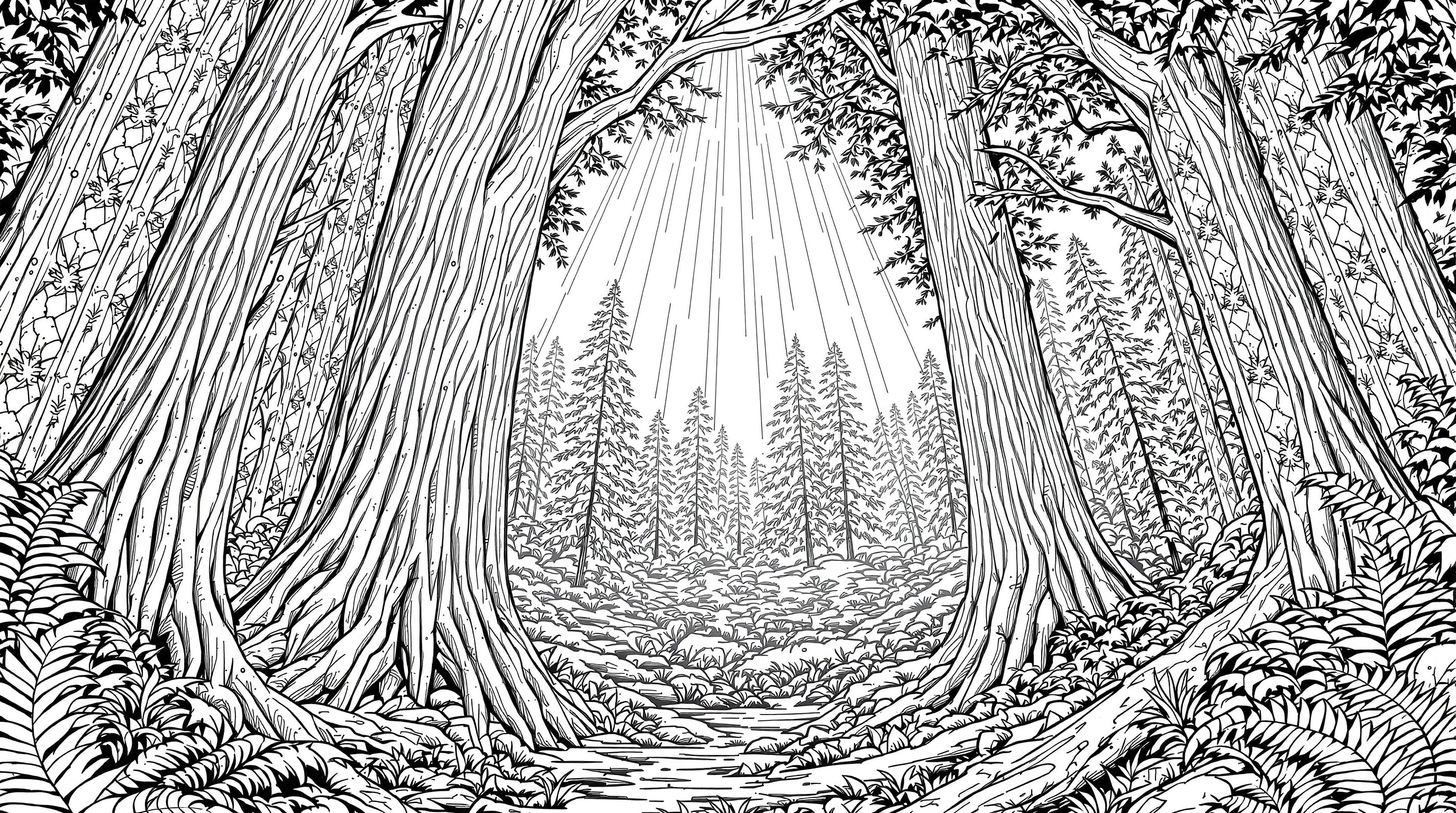 Sequoia Forest Sunbeams Coloring Page | Free PDF | Colorazen