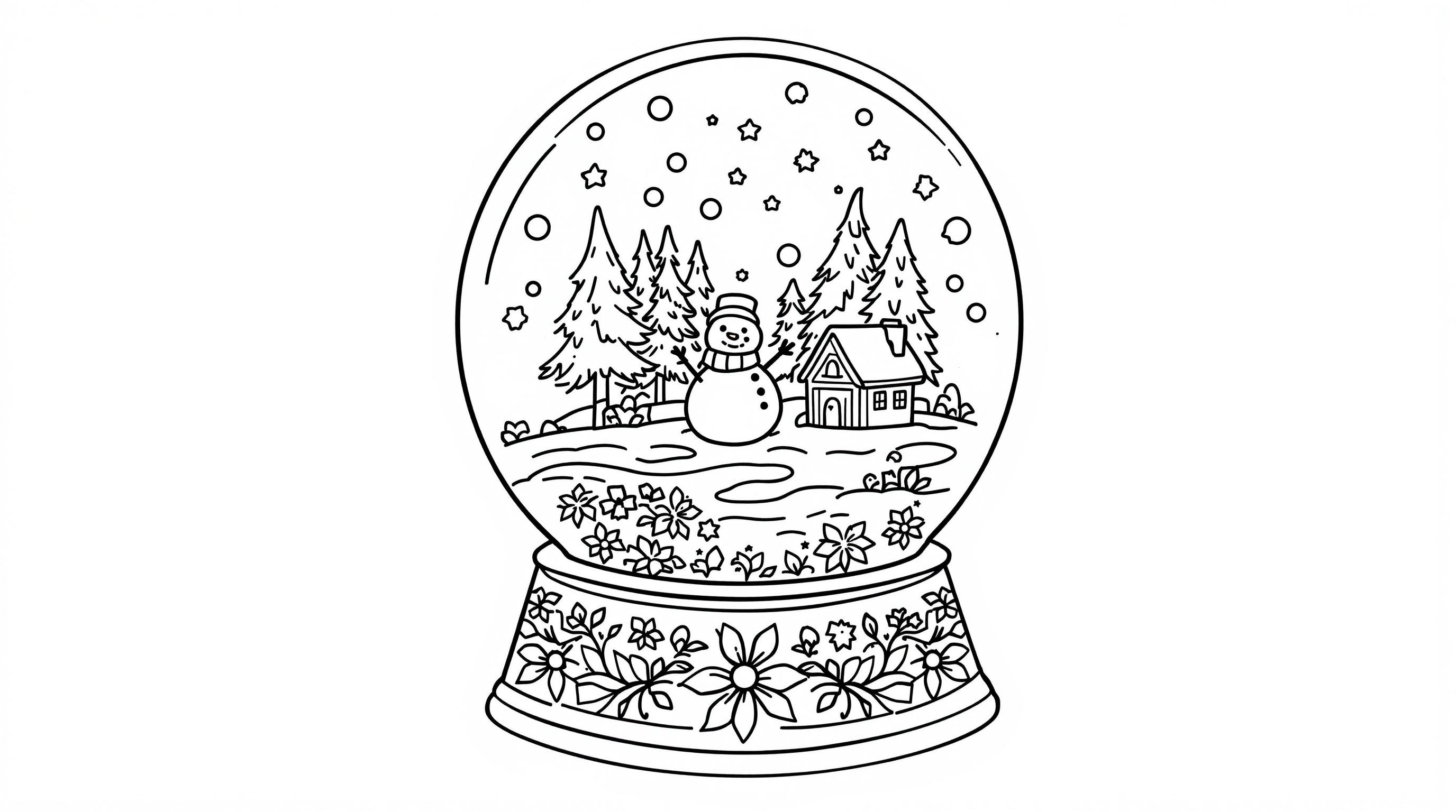 Winter Snow Globe Coloring Page with Snowman and Cottage Scene | Free ...