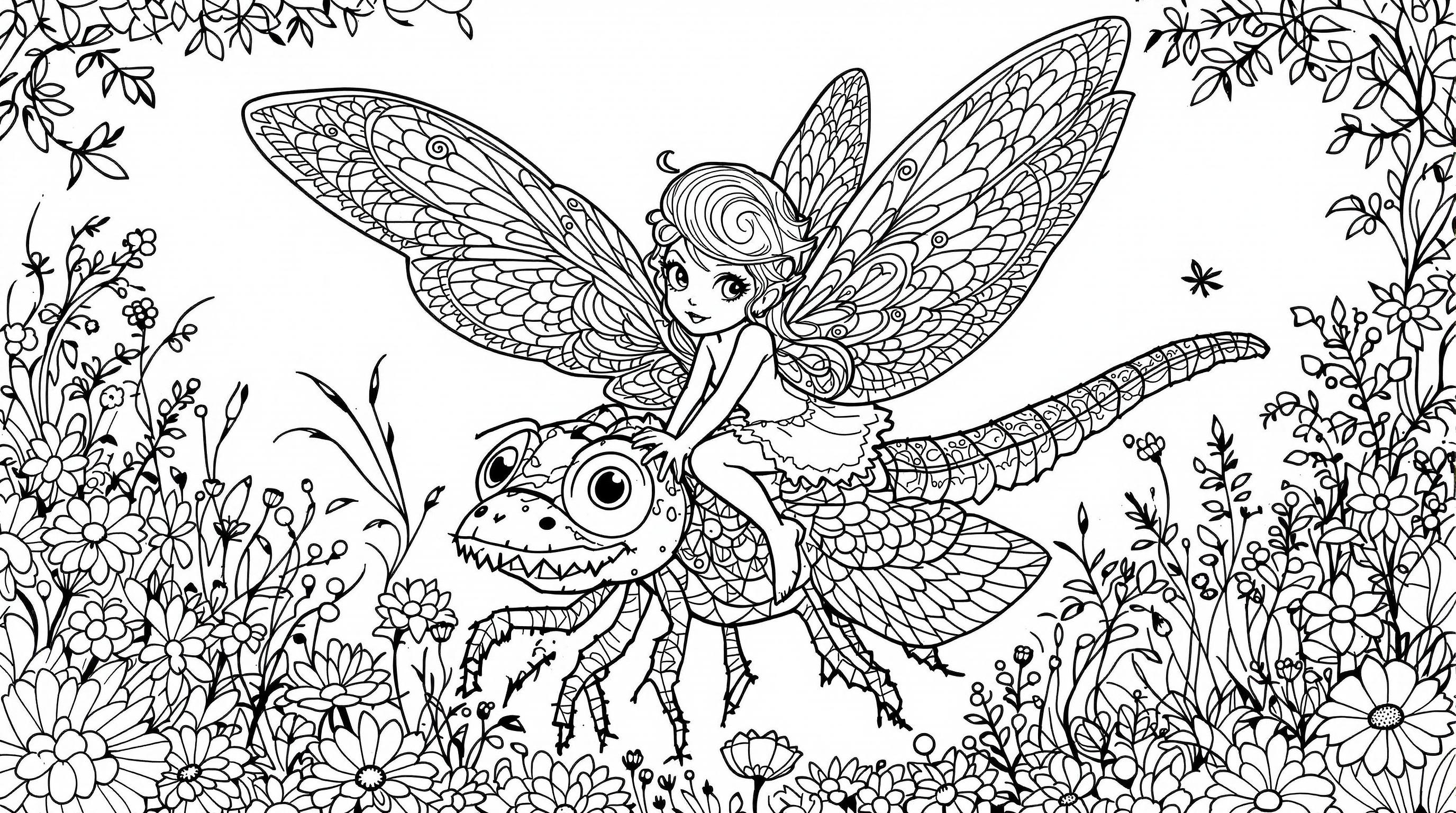 Magical Pixie & Dragonfly Garden Coloring Page for Adults | Colorazen