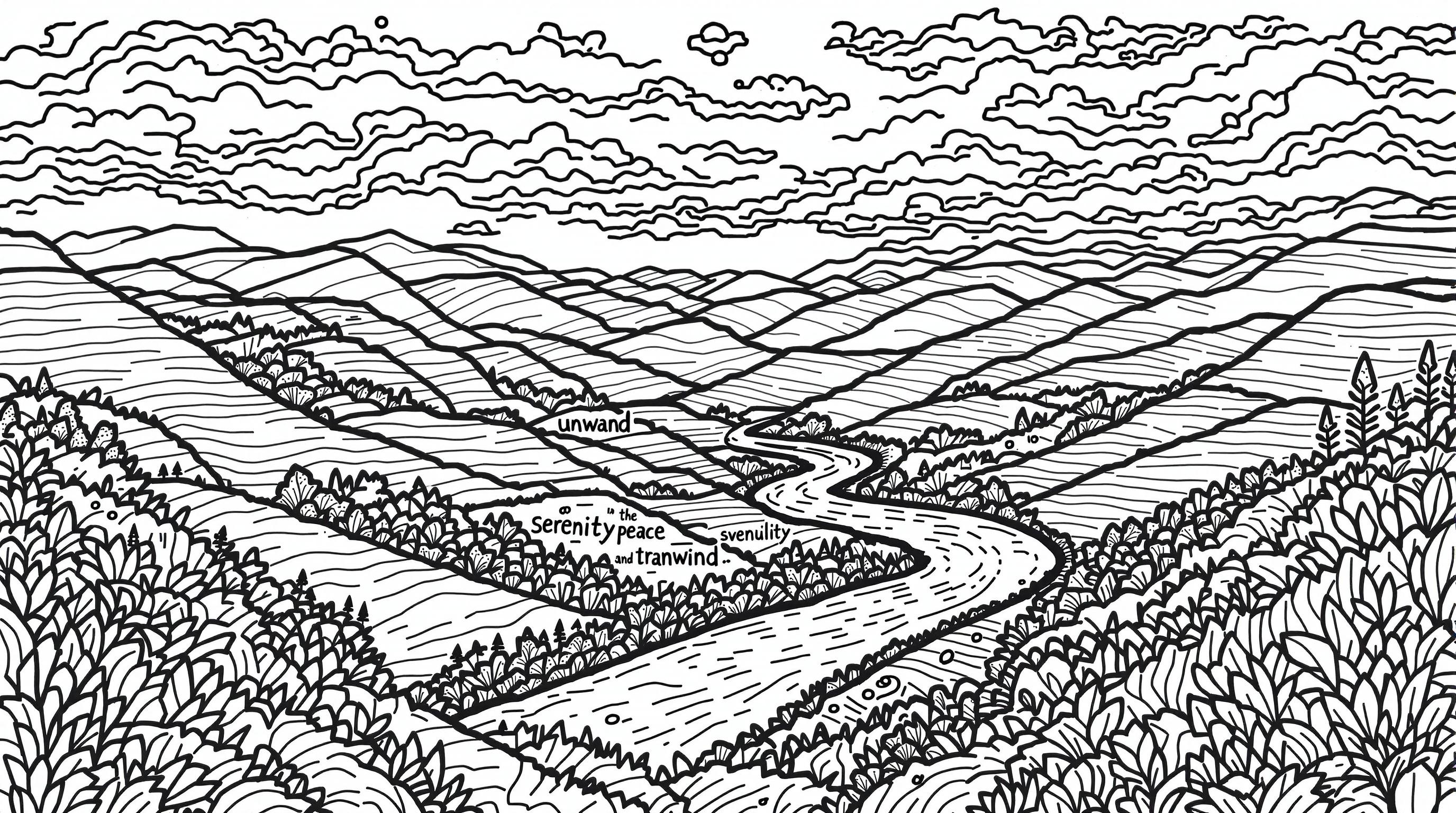 Zen Landscape Coloring Page: Rolling Hills & Calming Words for Stress ...