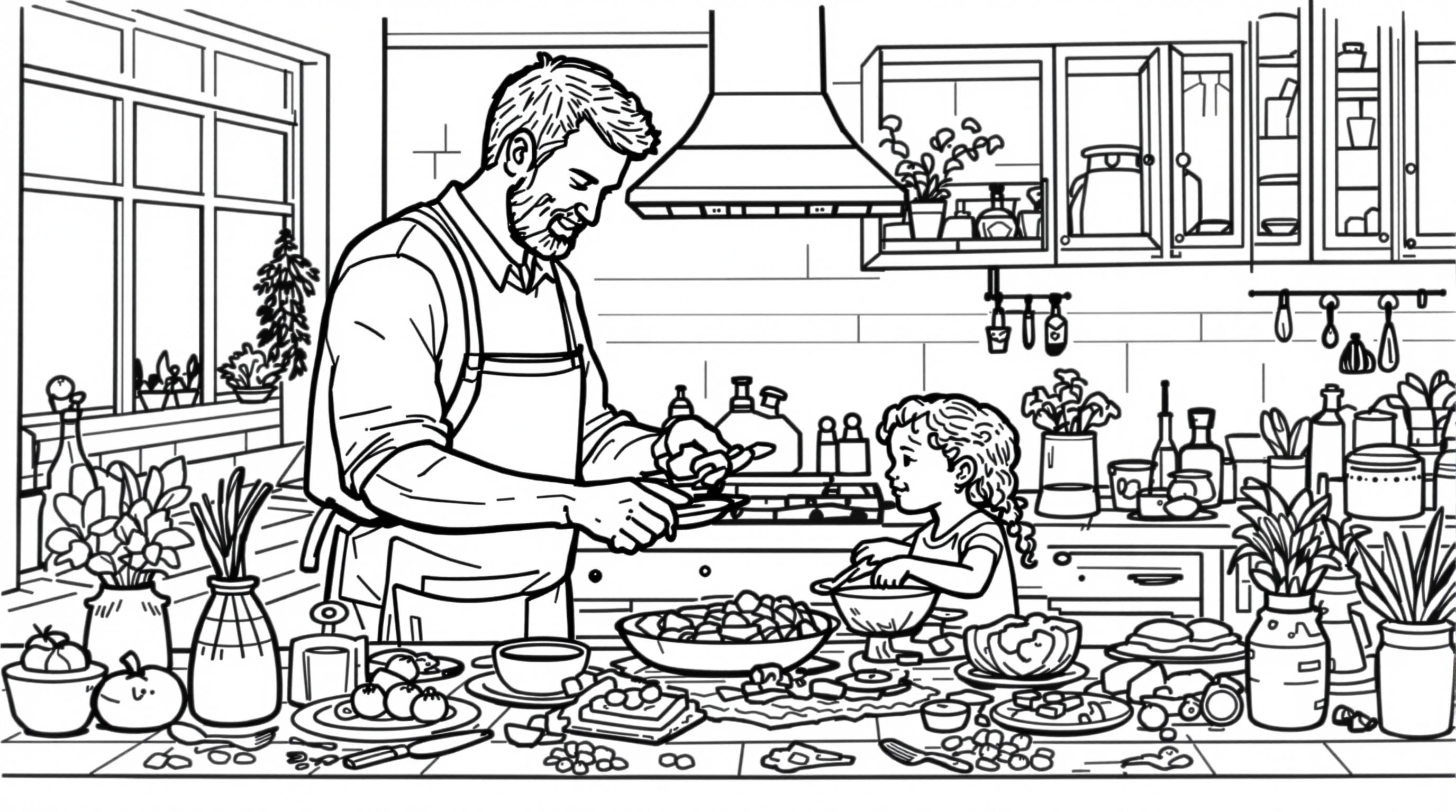Father Daughter Cooking Together Coloring Page | Free PDF | Colorazen