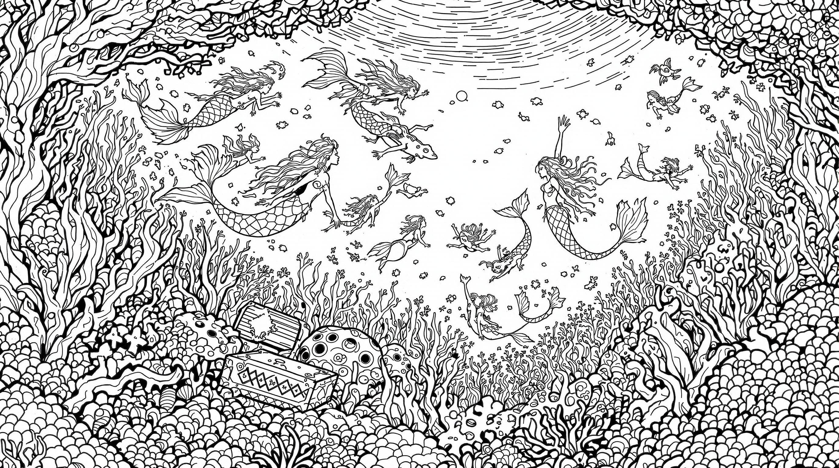 Merfolk & Coral Reef Fantasy Coloring Page | Underwater Scene with ...