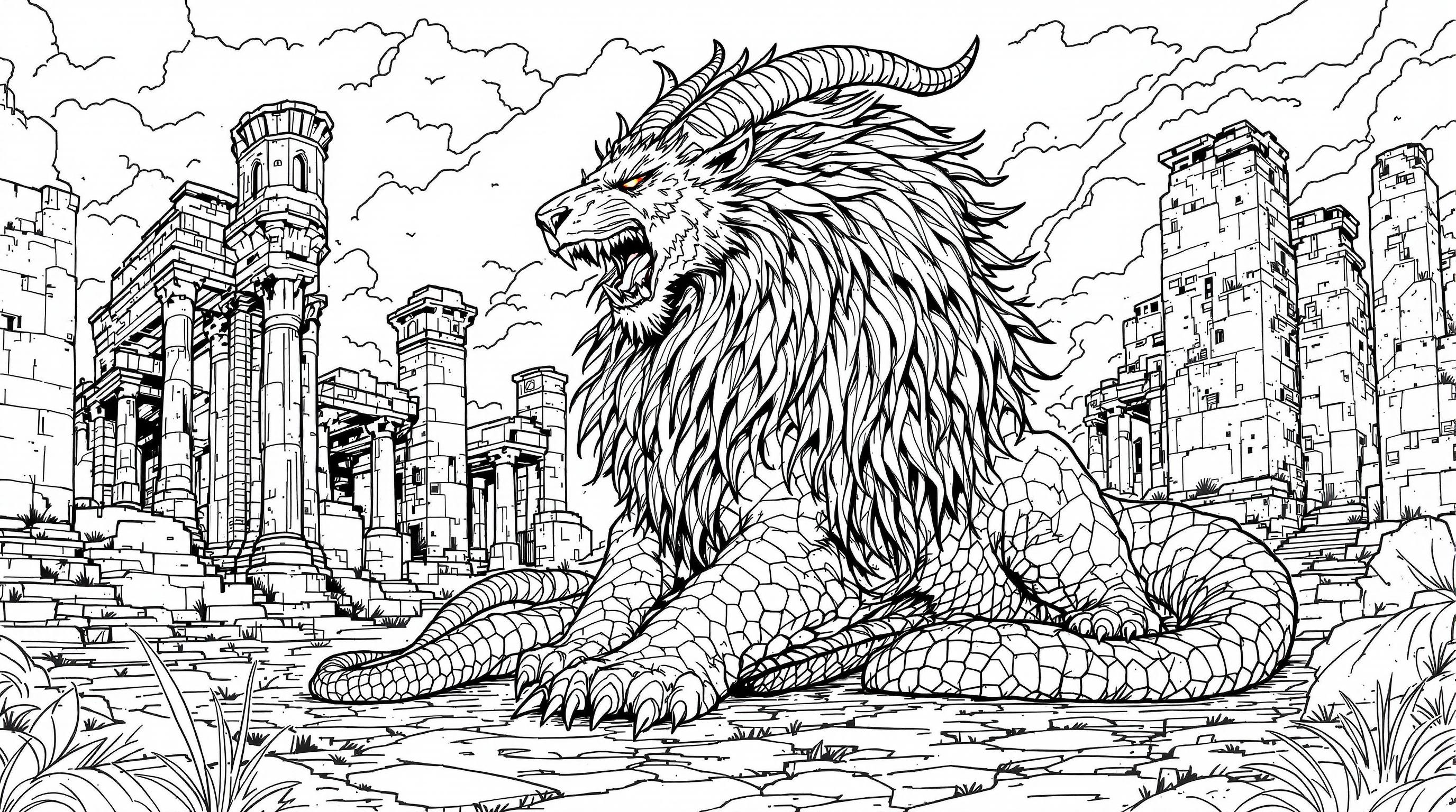 Mythical Chimera Adult Coloring Page: Lion, Goat & Serpent Creature ...