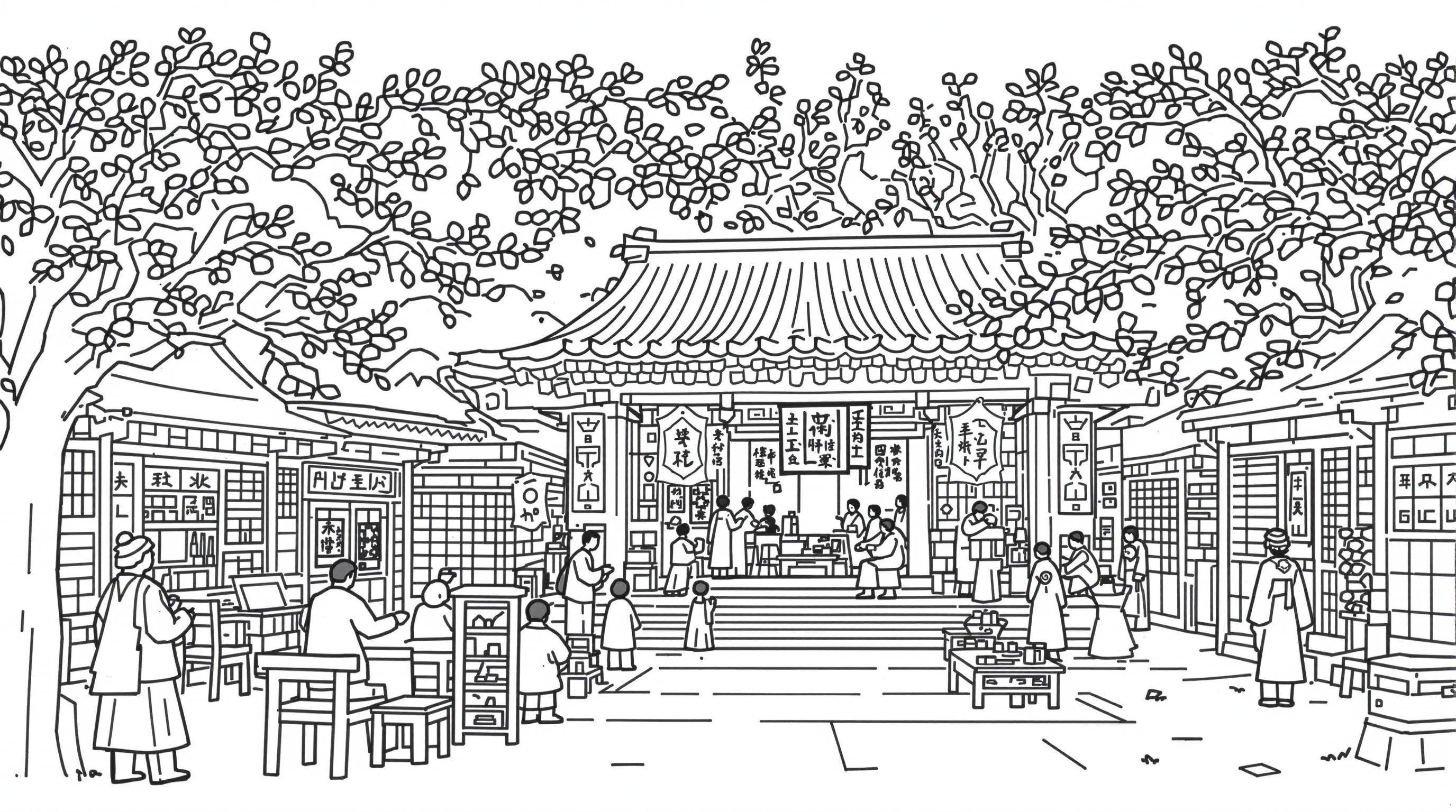 Japanese New Year Shrine Line Drawing - Traditional Scene Coloring Page ...