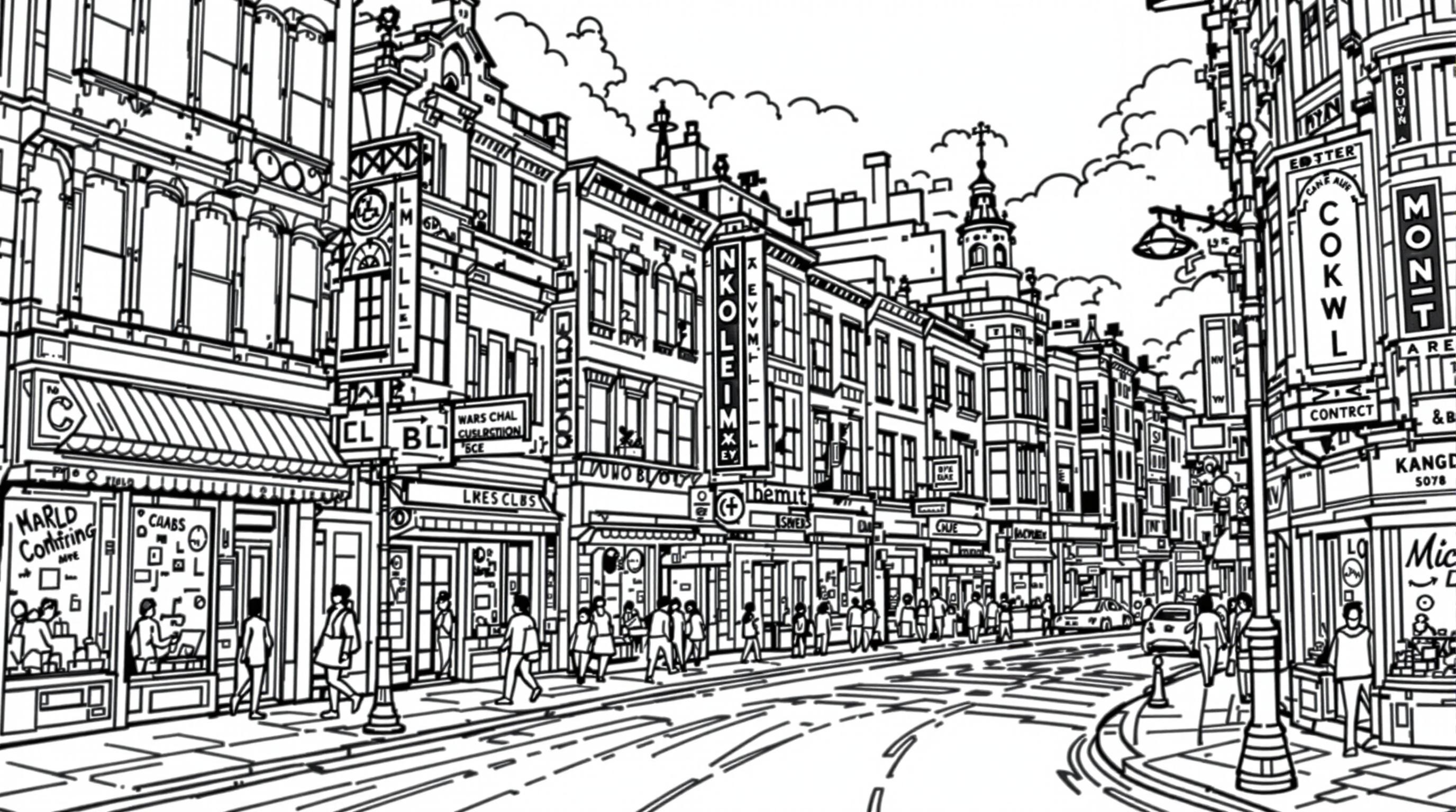 City Intersection Adult Coloring Page - Urban Street Scene Illustration ...