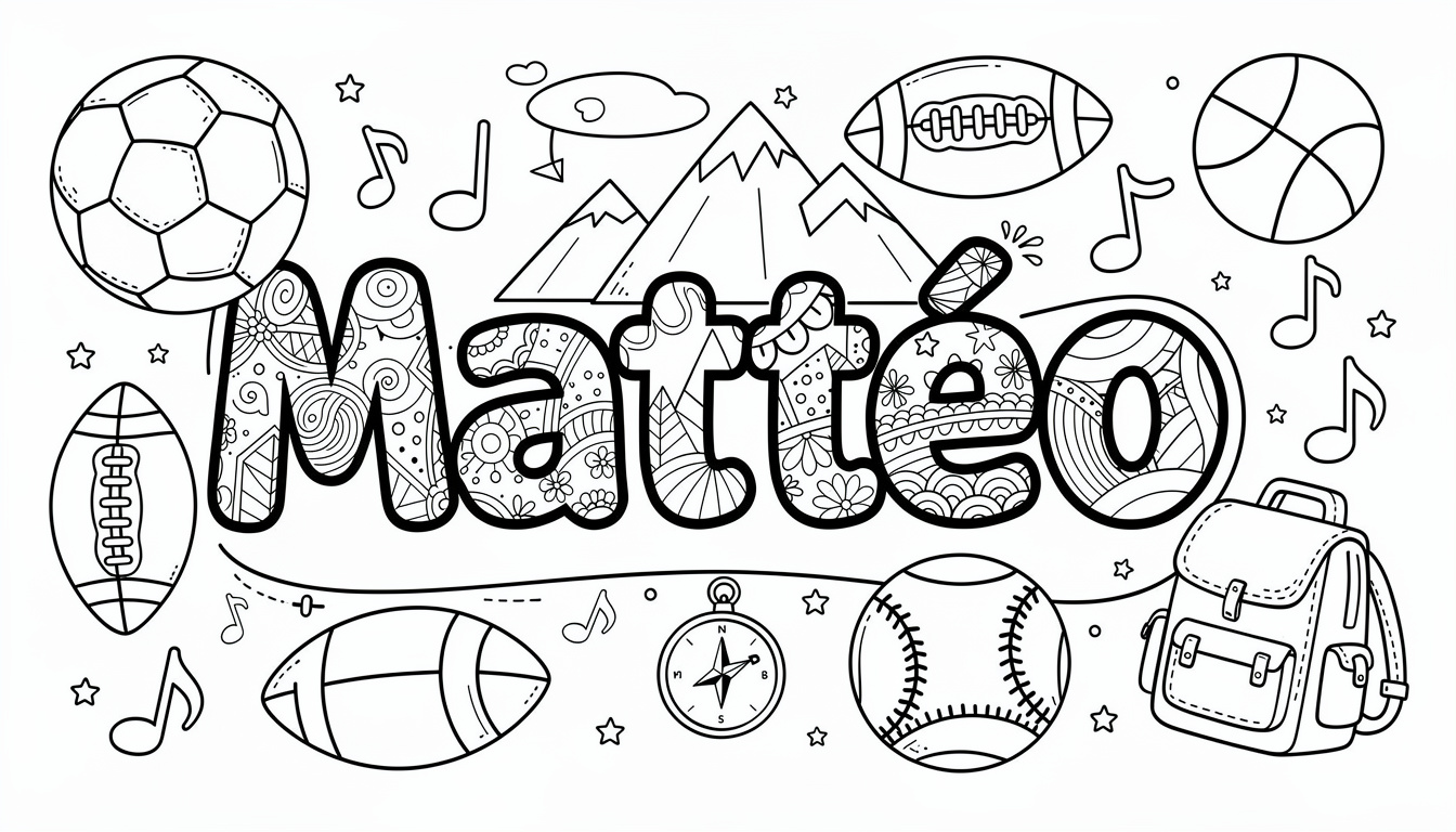 Coloriage Prénom Mattéo avec Sports et Musique | PDF Gratuit | Colorazen