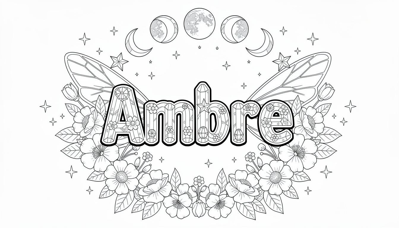 Ambre Name Coloring Page with Moon & Flowers | Free PDF | Colorazen