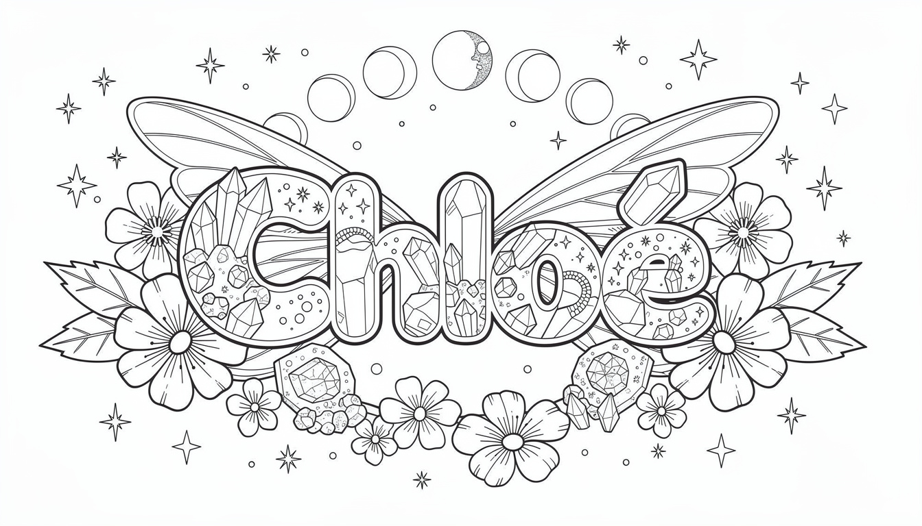 Chloé Name Art Coloring Page - Fairy Wings & Moons | Free PDF | Colorazen