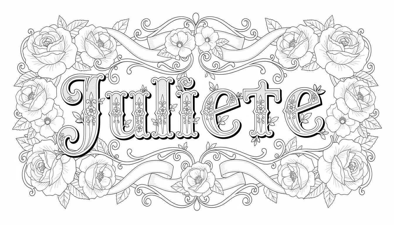 Juliette Name with Roses Coloring Page | Free PDF | Colorazen