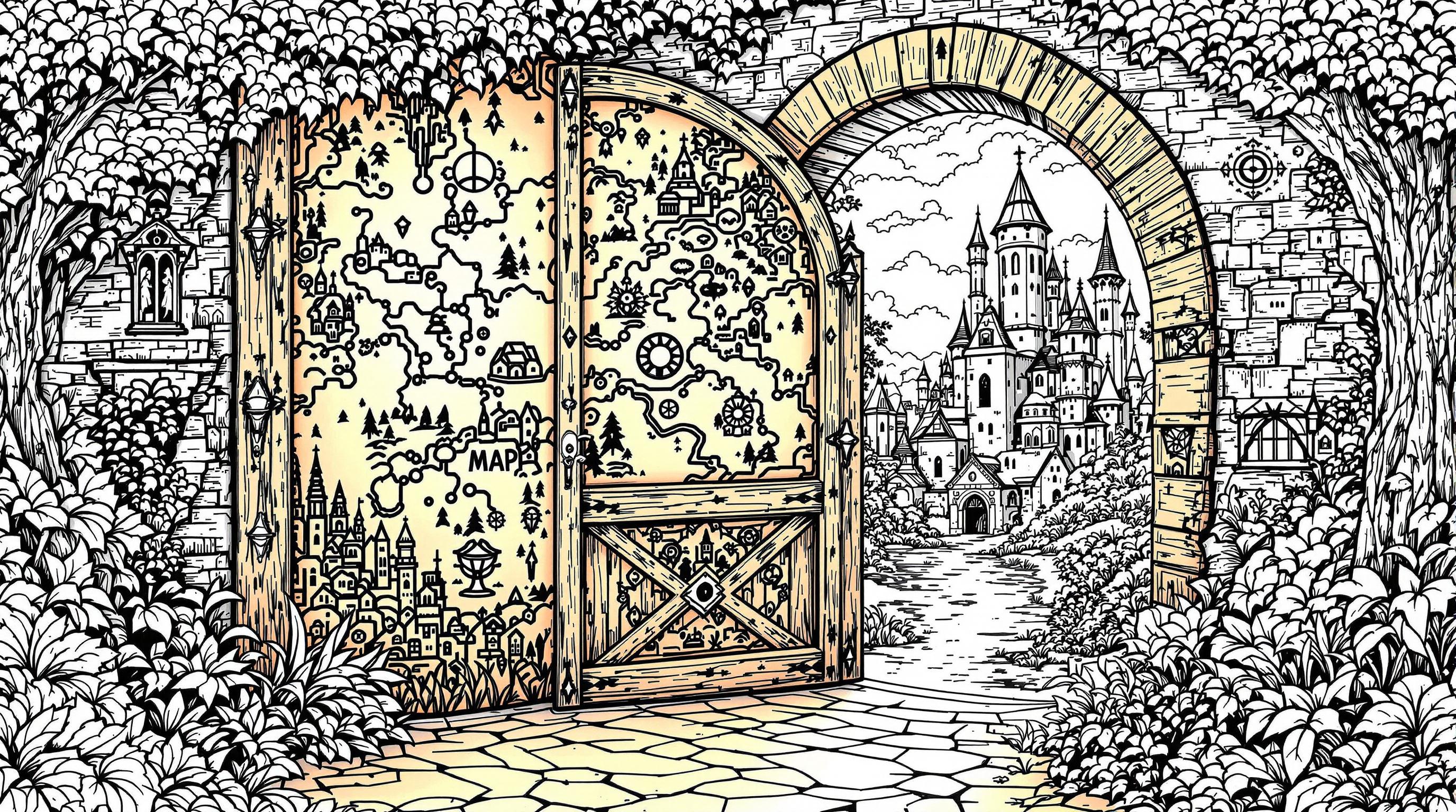 Fantasy Map Door Portal Coloring Page - Magical Realm Art for Adults ...