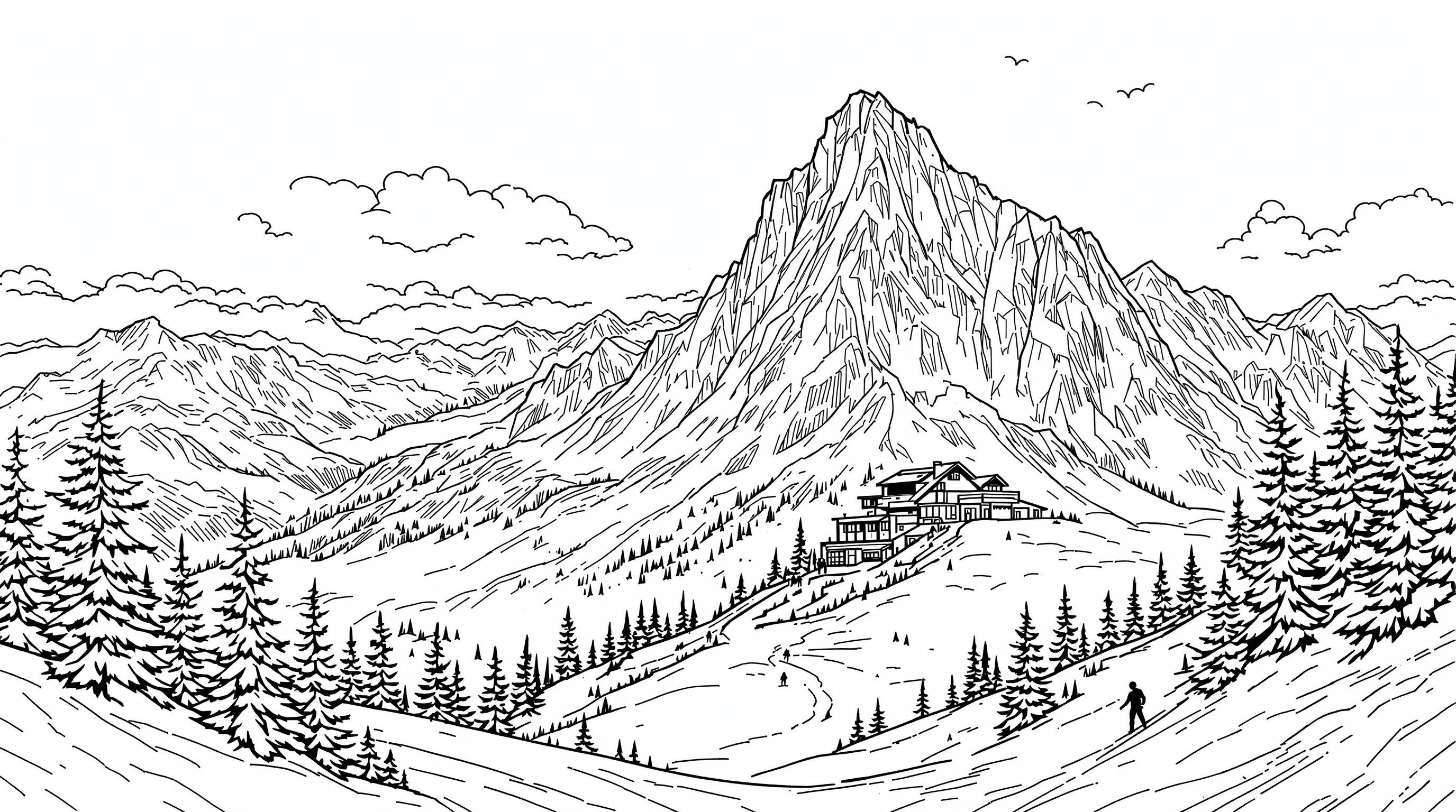 Mountain Landscape with Gondola & Skiers Coloring Page | Adult Line Art ...