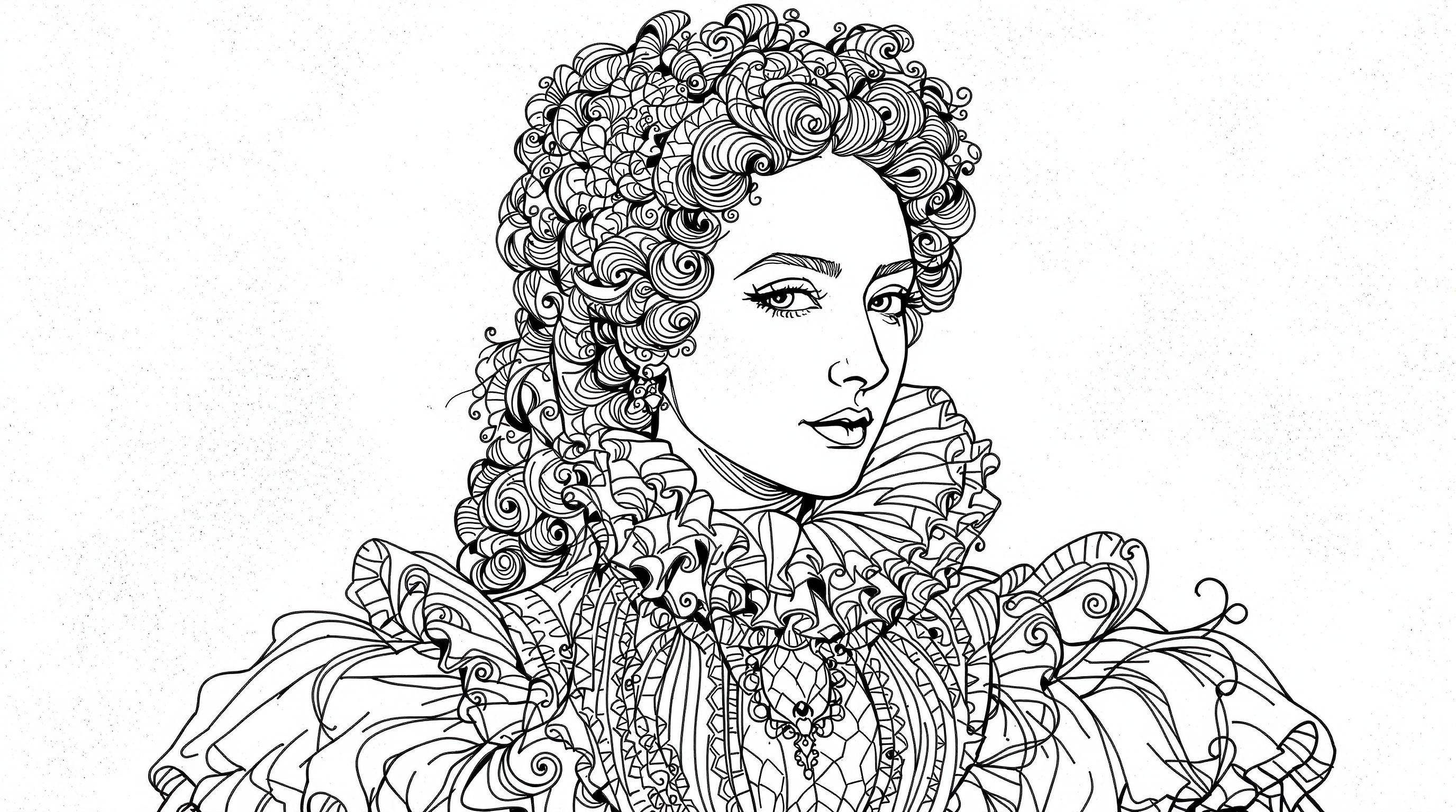 Baroque Noble Portrait Coloring Page | Historical Art Line Drawing ...