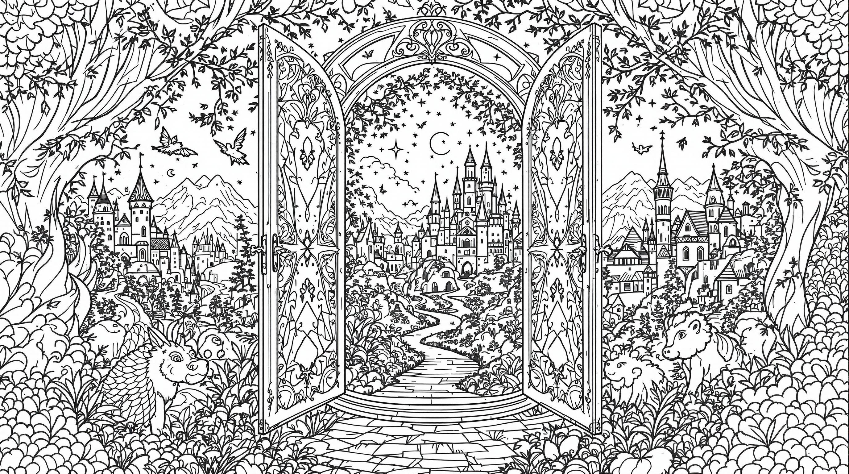 Magical Wardrobe Portal Fantasy Coloring Page - Mythical World Design ...