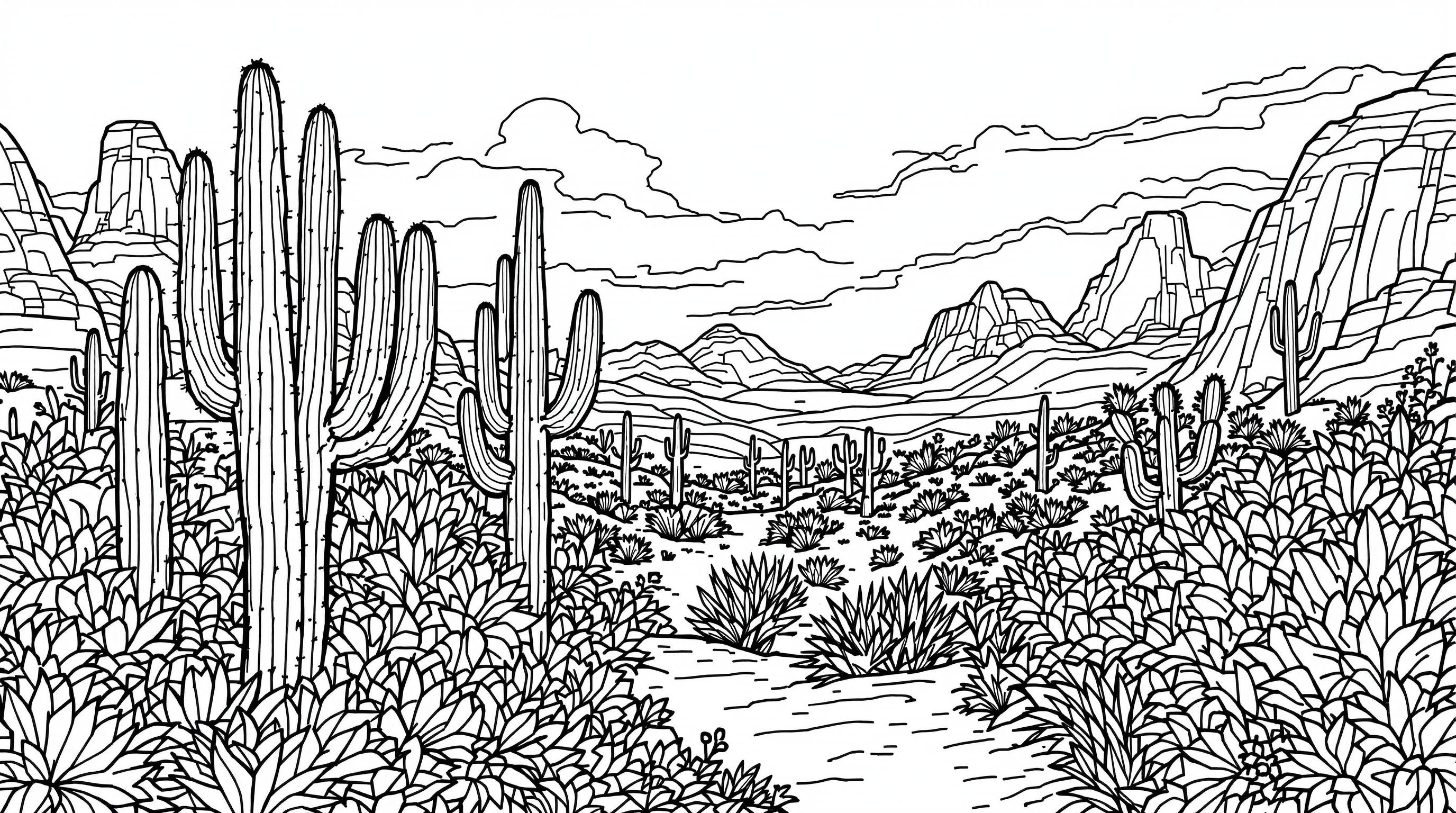 Desert Landscape Adult Coloring Page with Cacti & Flowers - Printable ...