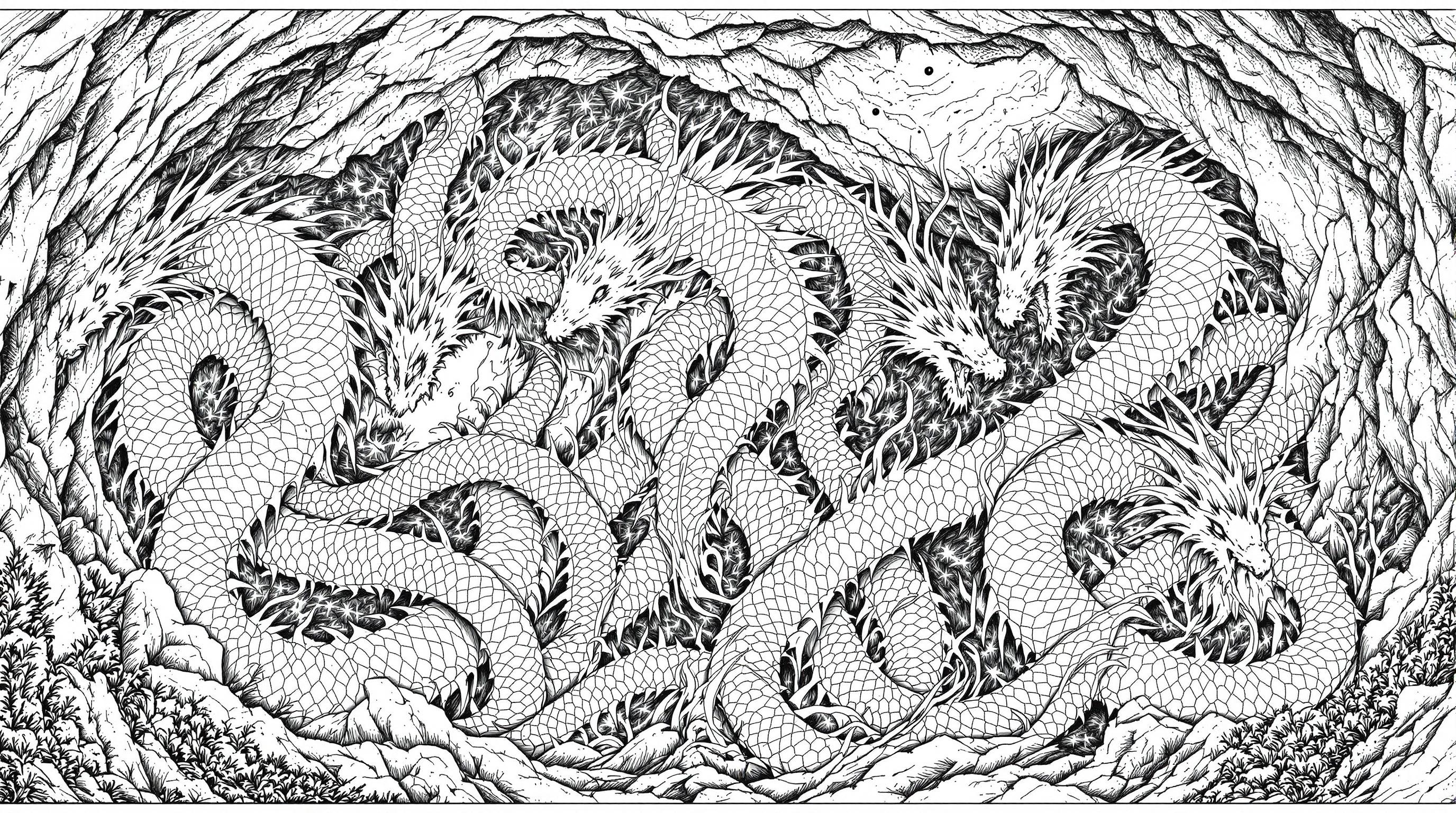 Mythical Sea Serpents in Underwater Caves - Fantasy Coloring Page ...