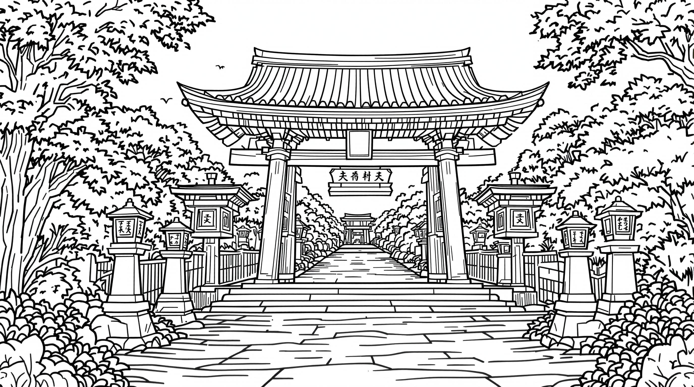 Japanese Shinto Shrine Coloring Page with Torii Gates | Sacred ...