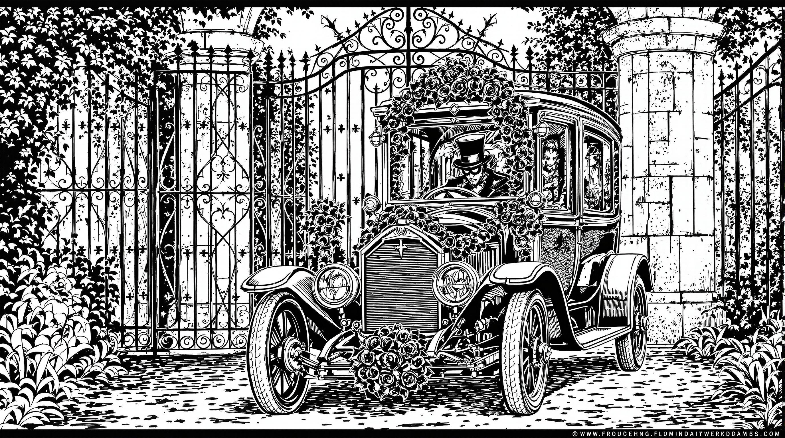 Gothic Vintage Hearse Halloween Coloring Page with Black Rose Wreath ...