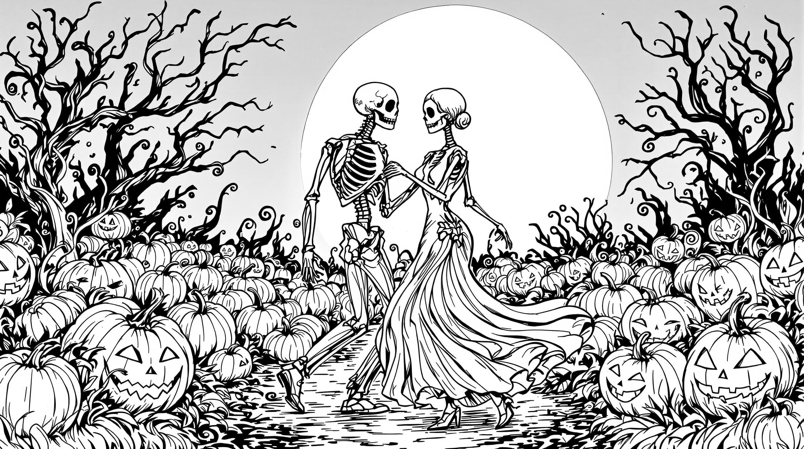 Halloween Skeleton Couple Dancing Coloring Page | Spooky Pumpkin Scene ...