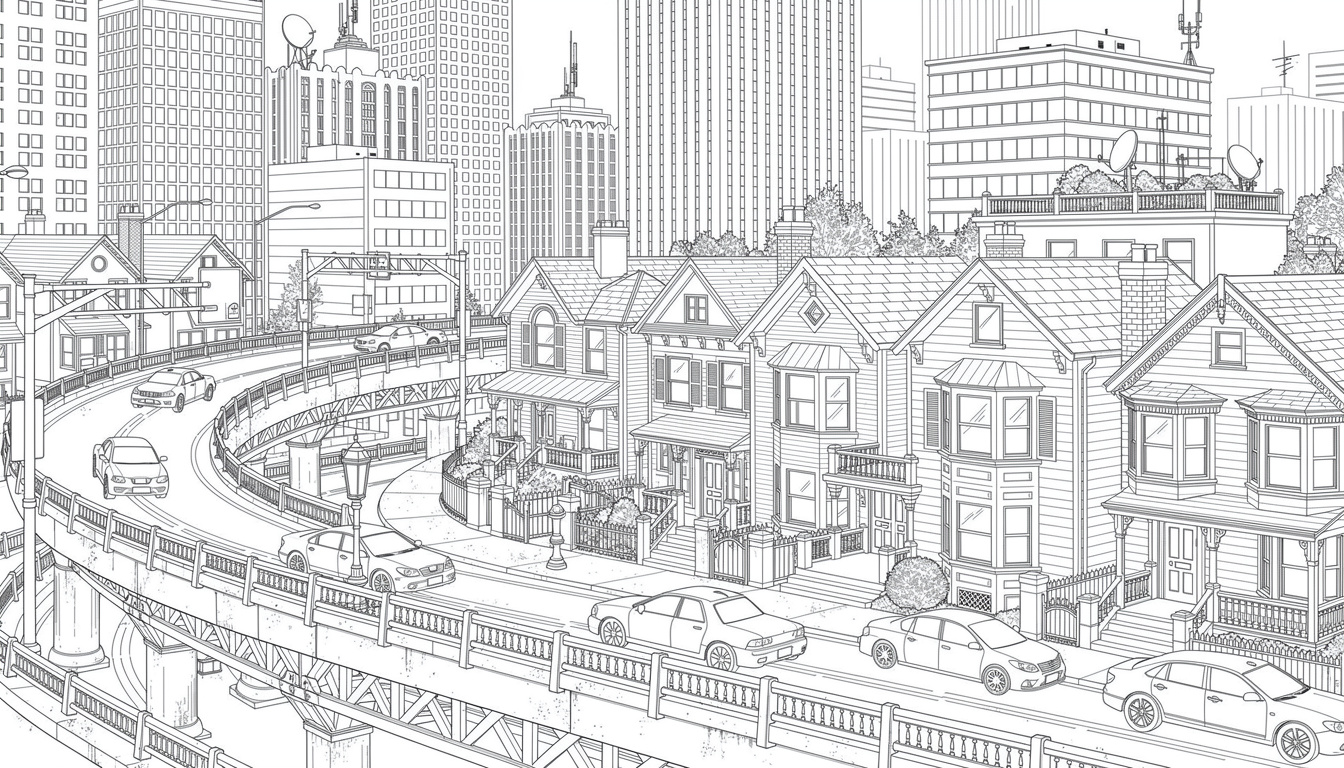 Urban Highway City Scene Coloring Page | Free PDF | Colorazen