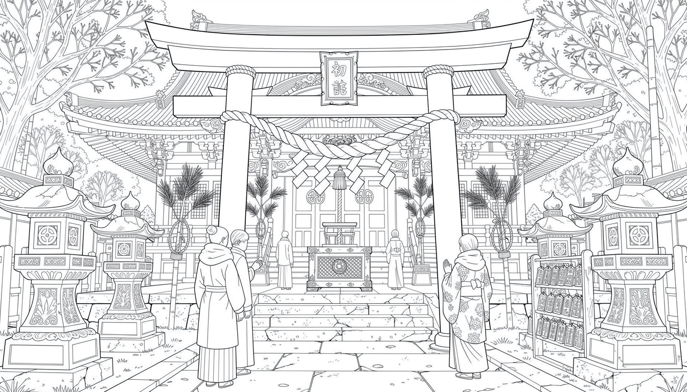 Japanese New Year Shrine Coloring Page with Torii Gate | Colorazen