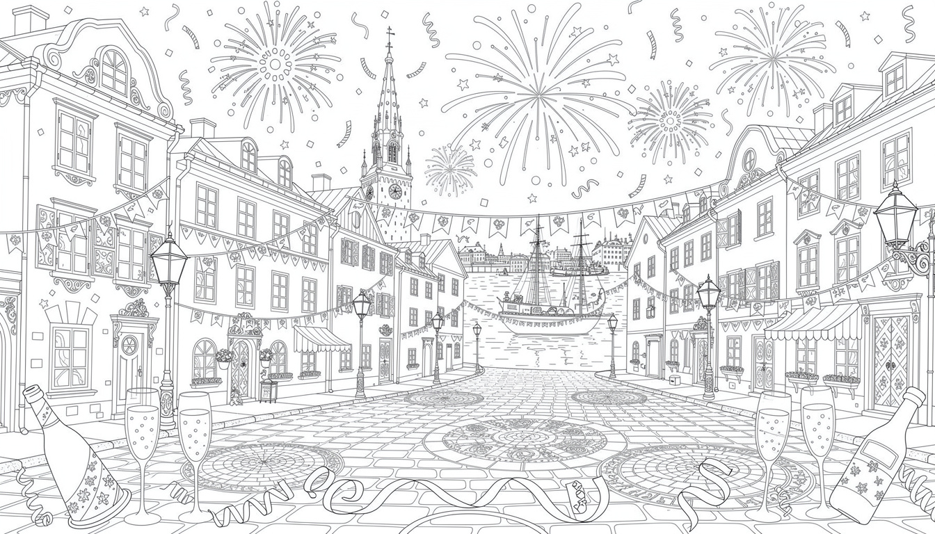 Stockholm Silvester 2026 Ausmalbild - Gamla Stan | Colorazen