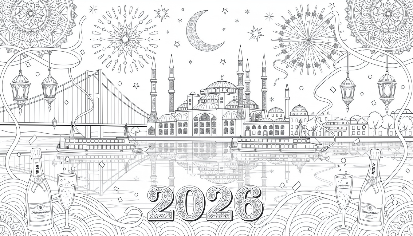 Istanbul Silvester 2026 Ausmalbild mit Feuerwerk | Colorazen