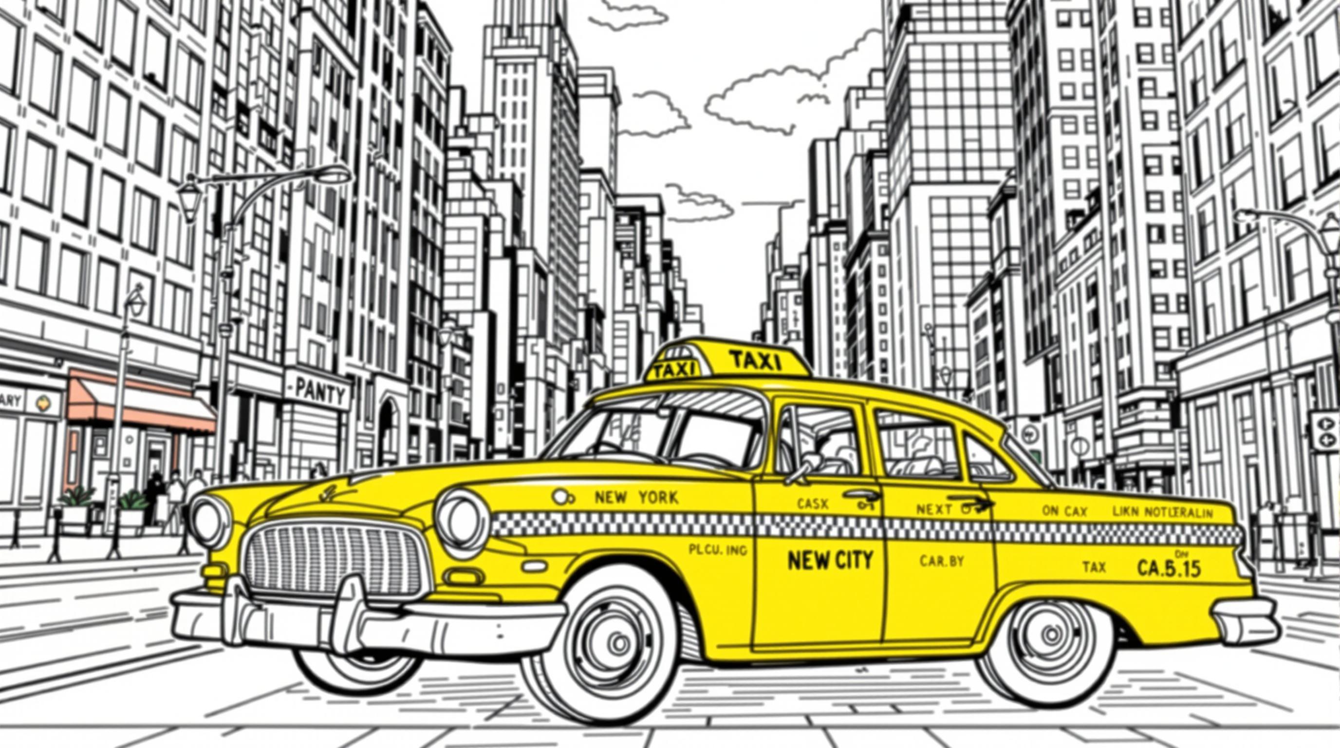 New York Yellow Taxi Cab Adult Coloring Page with City Skyline | Colorazen