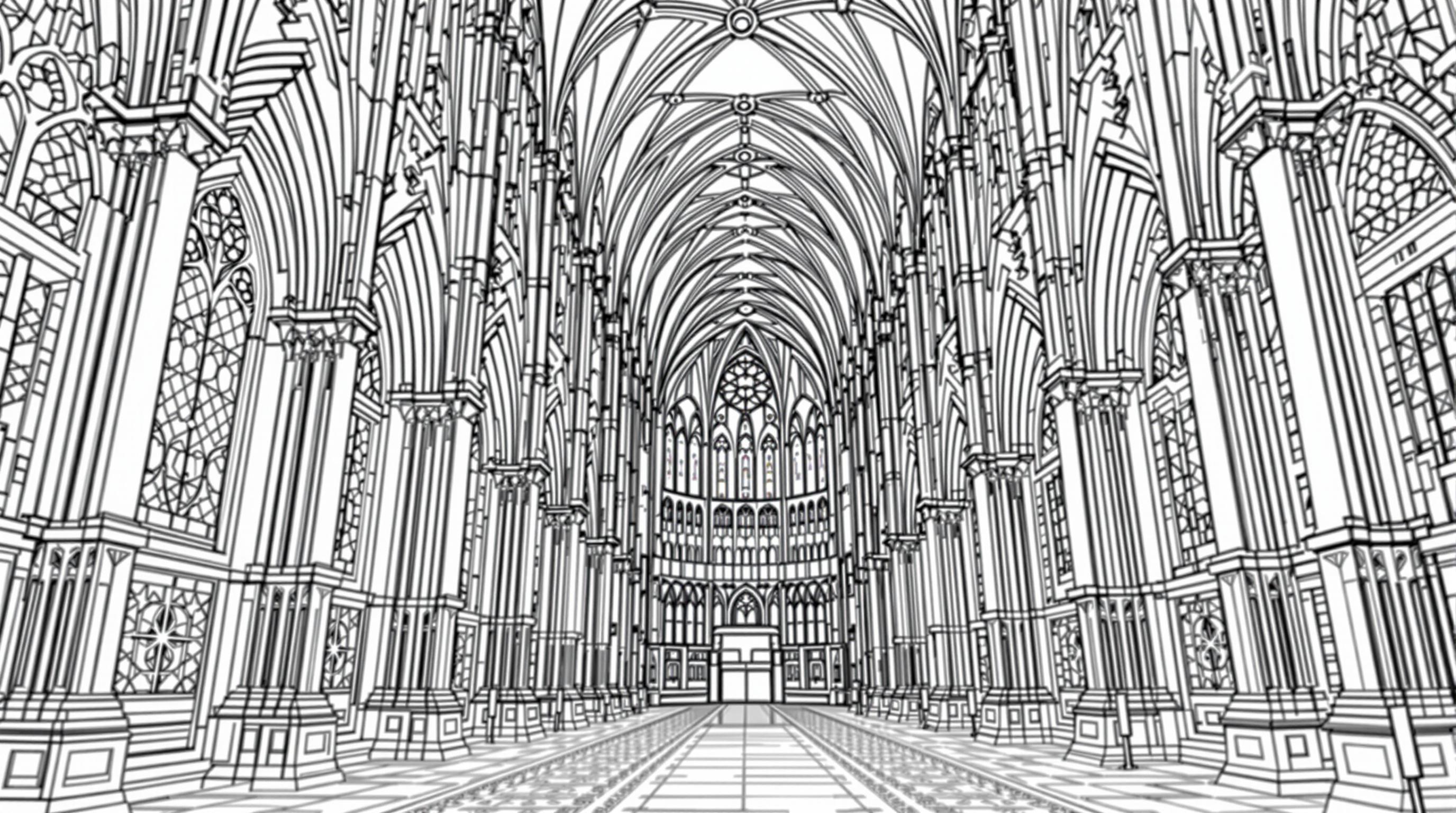 Gothic Cathedral Interior Coloring Page | Barcelona Architecture Line ...