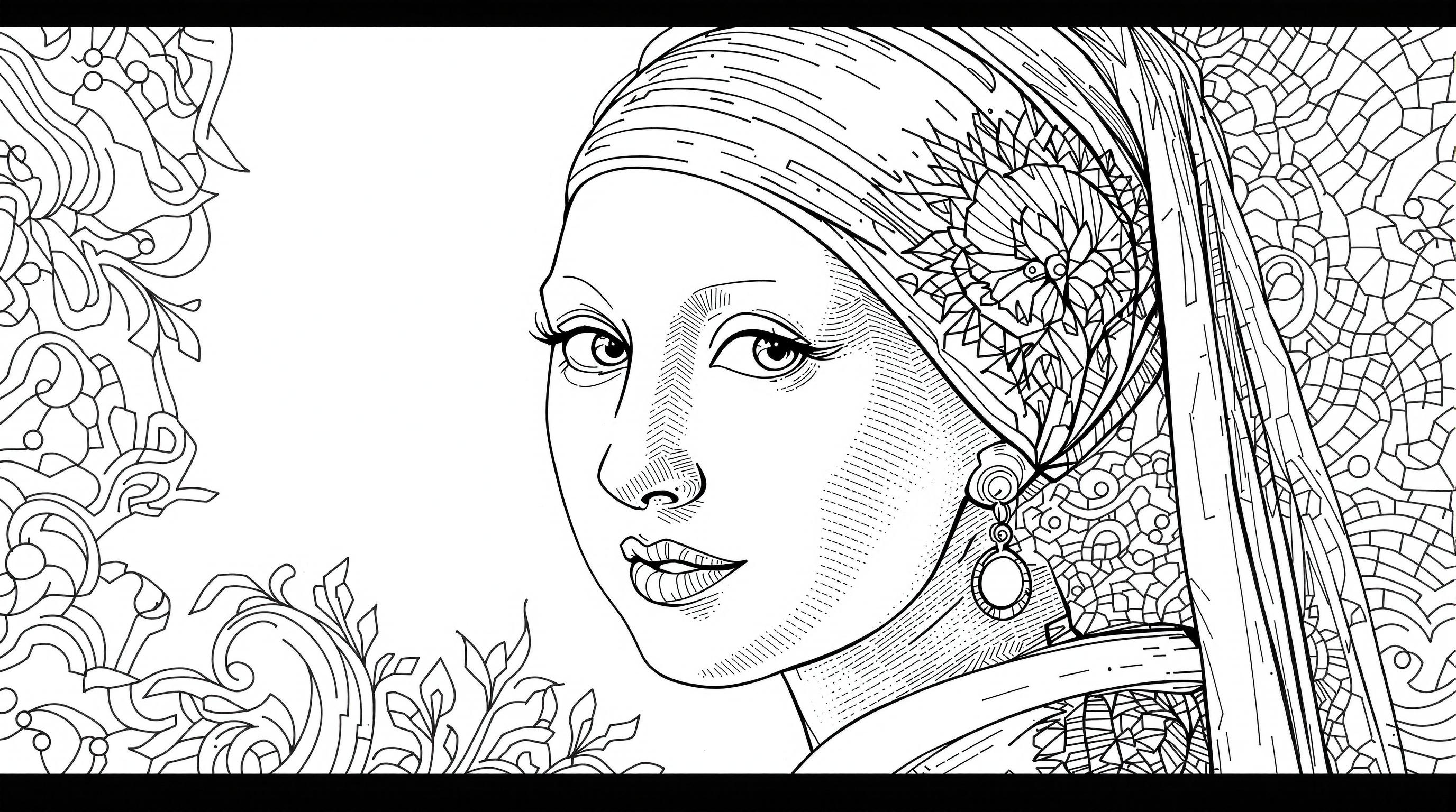 Girl with a Pearl Earring Adult Coloring Page - Vermeer Art | Colorazen