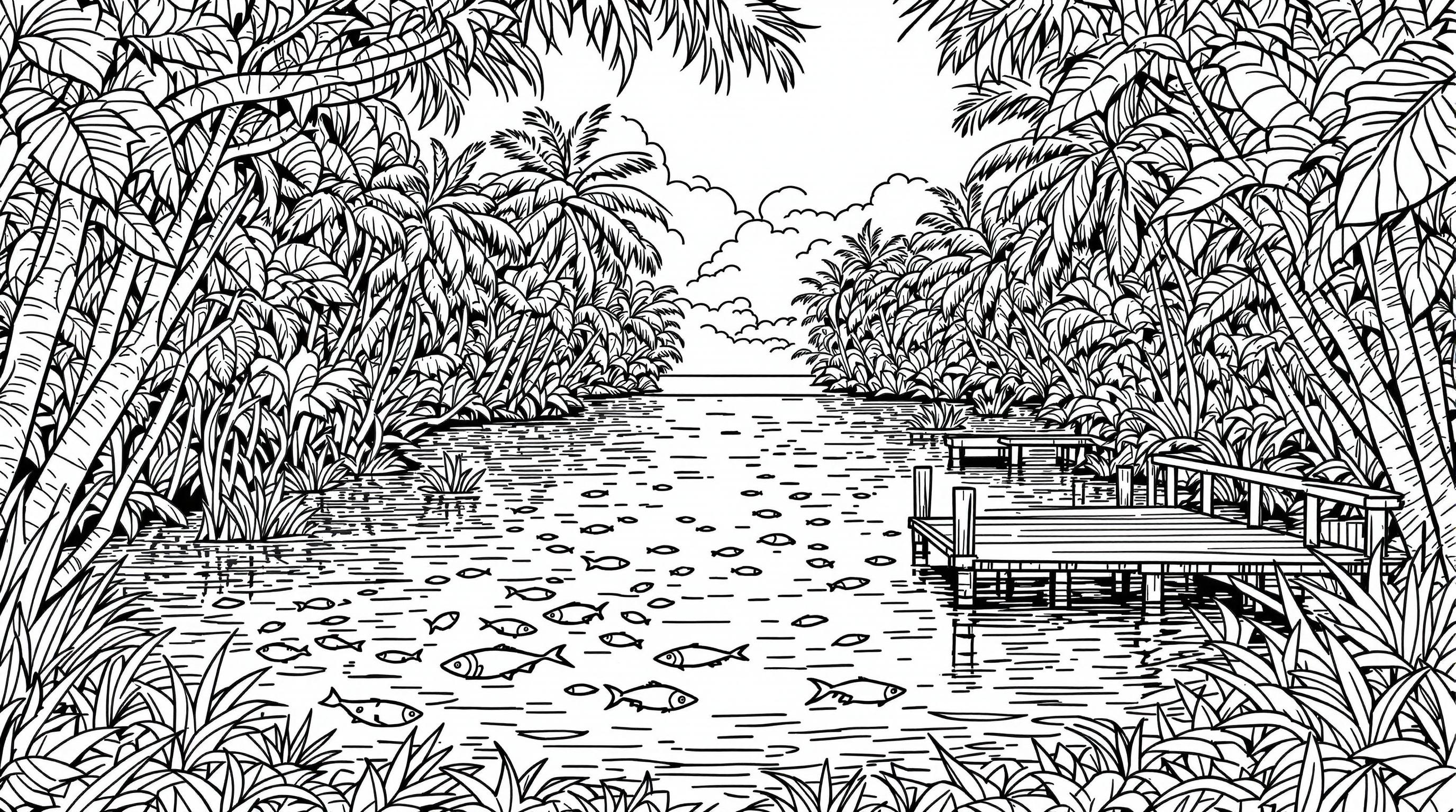 Tropical Lagoon with Mangroves Adult Coloring Page | Nature Scene PDF ...