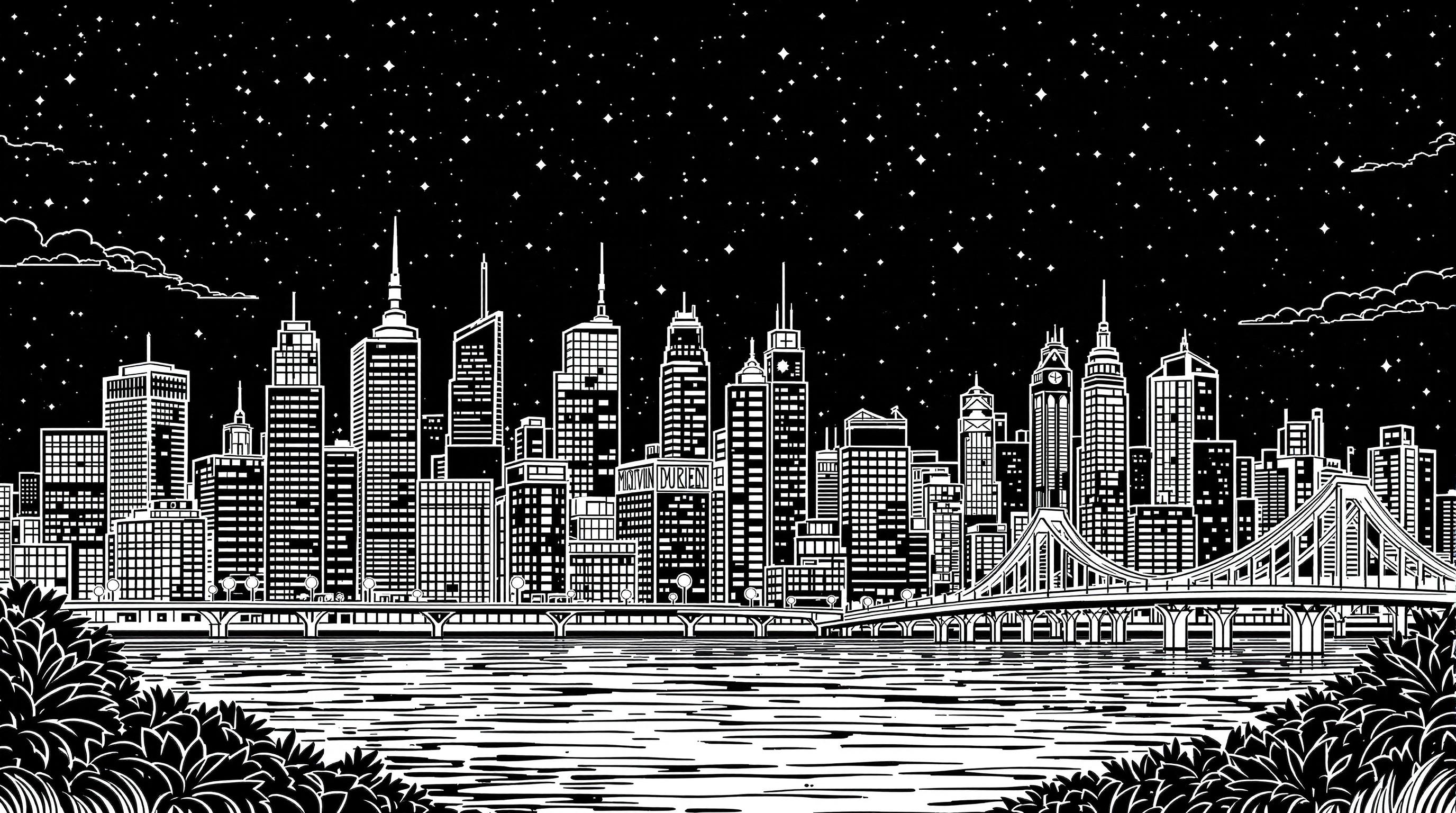 Modern City Skyline at Night Coloring Page for Adults | Urban ...