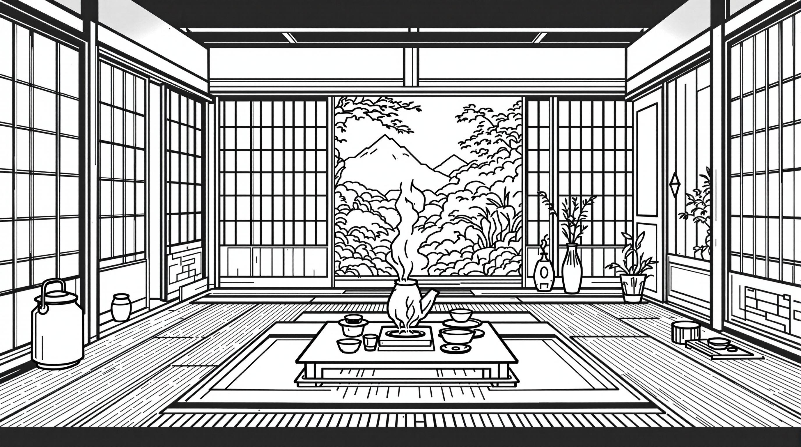 Traditional Kyoto Tea Ceremony Room Coloring Page | Japanese Line Art ...