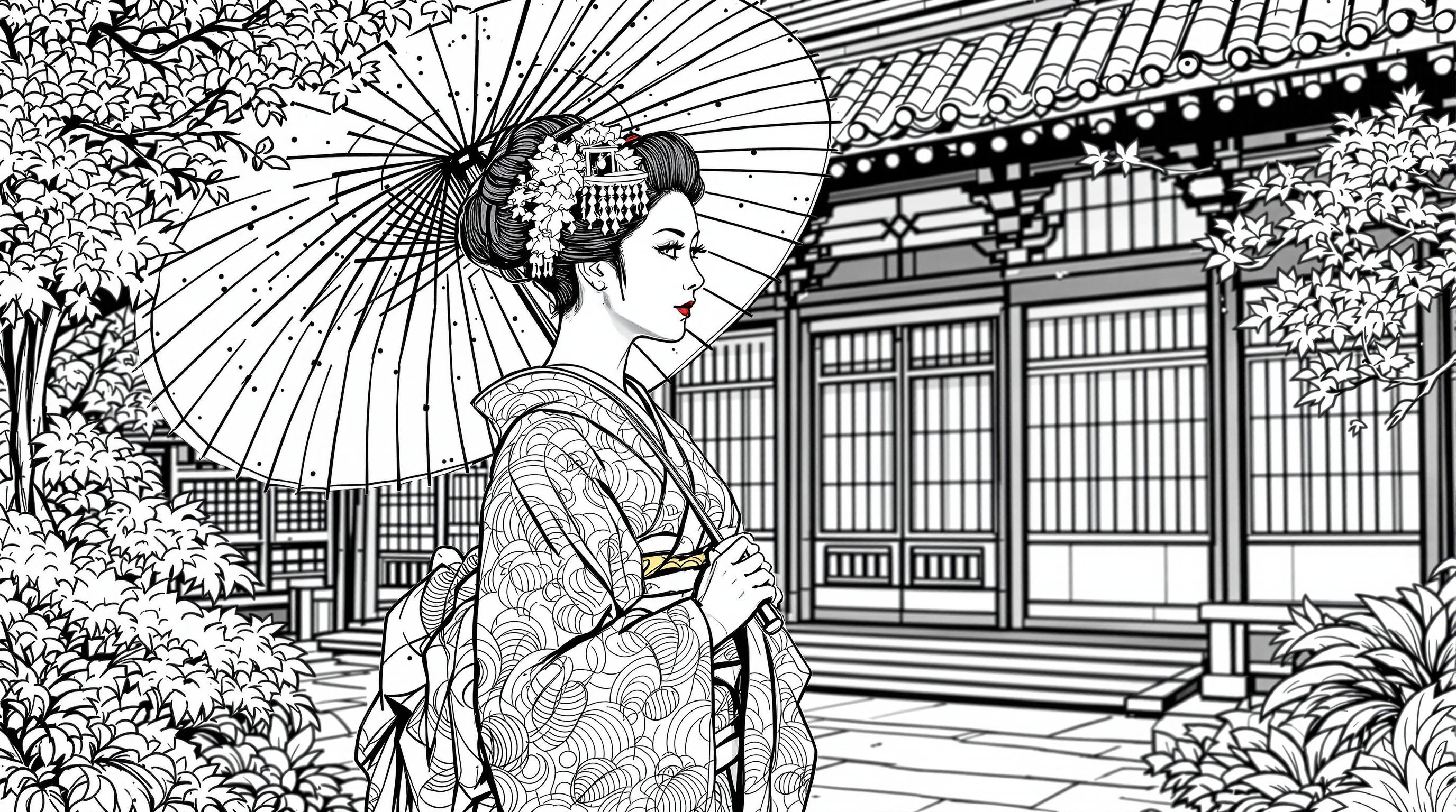 Kyoto'da Kağıt Şemsiyeli Geyşa | Geleneksel Japon Boyama Sayfası ...