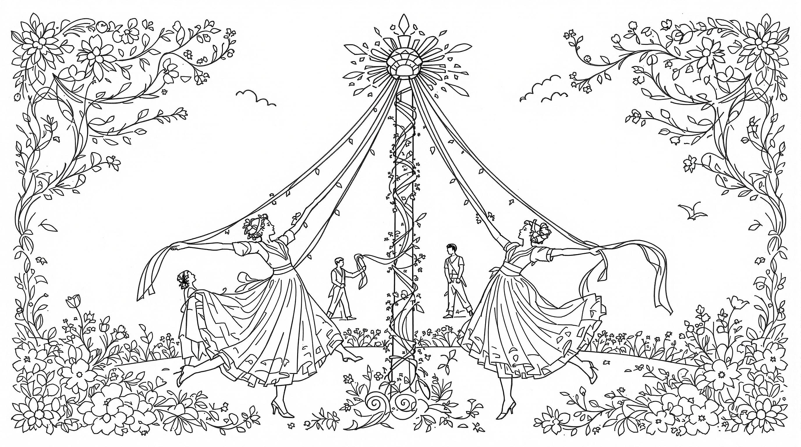 Maypole Dance Celebration Coloring Page with Traditional Folk Details ...
