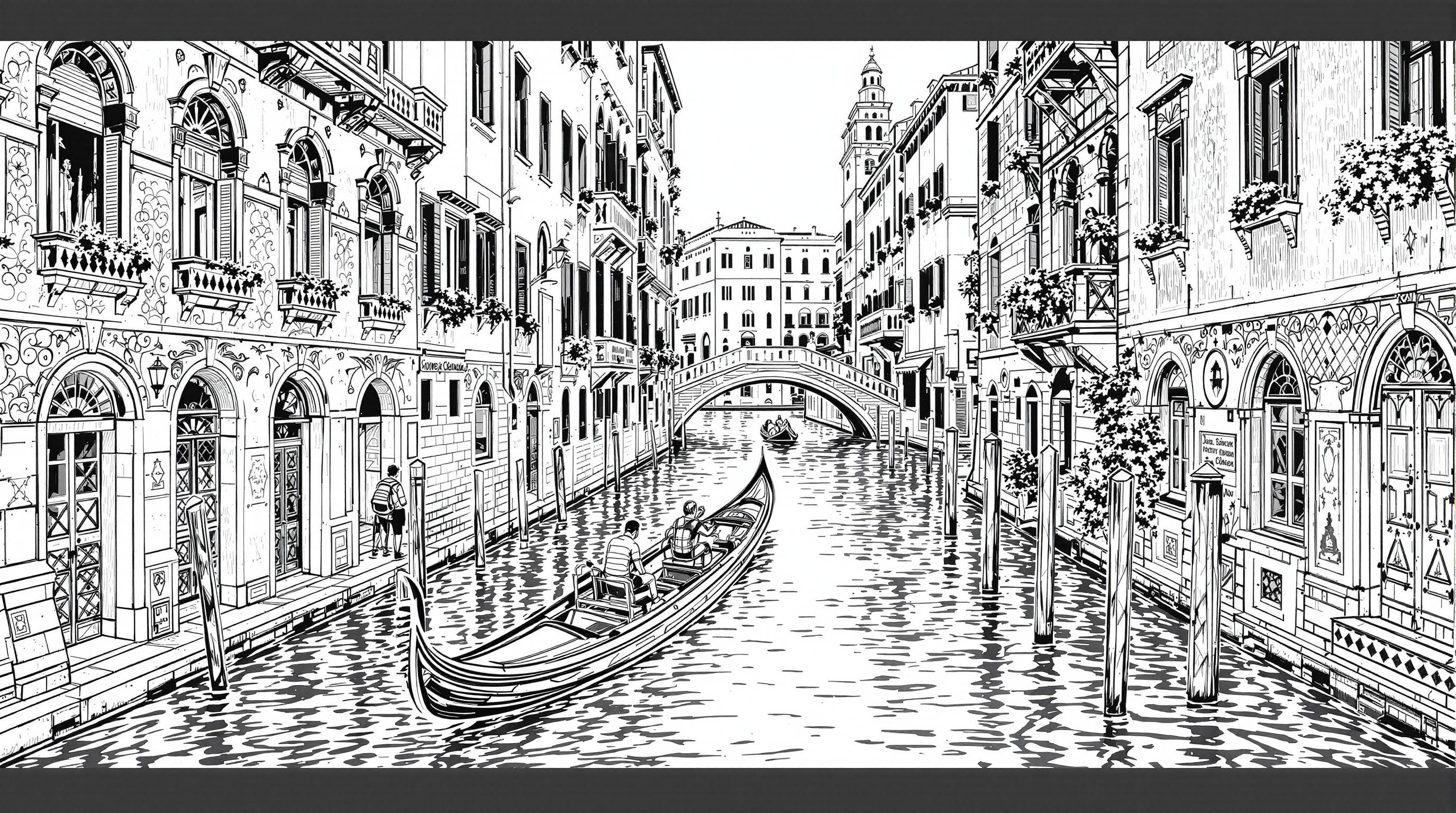 Venice Canal Gondola Architecture Coloring Page | Detailed City Scene ...