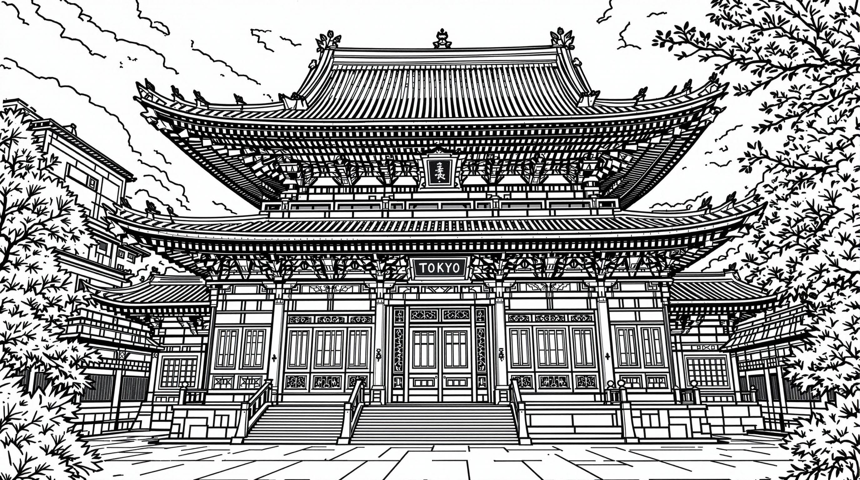 Japanese Temple in Tokyo Coloring Page - Traditional Architecture Art ...