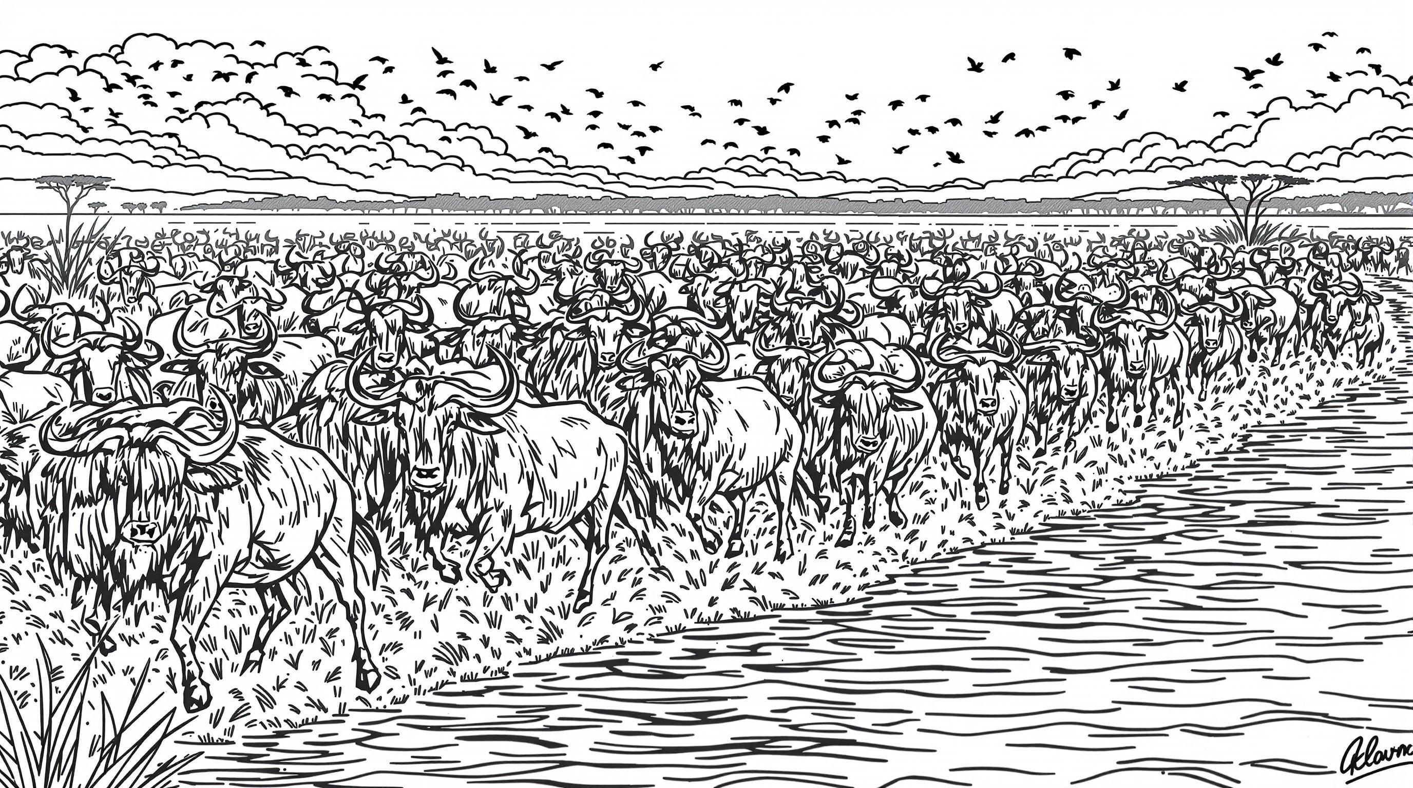 African Wildebeest Migration Adult Coloring Page | Safari Wildlife Art ...