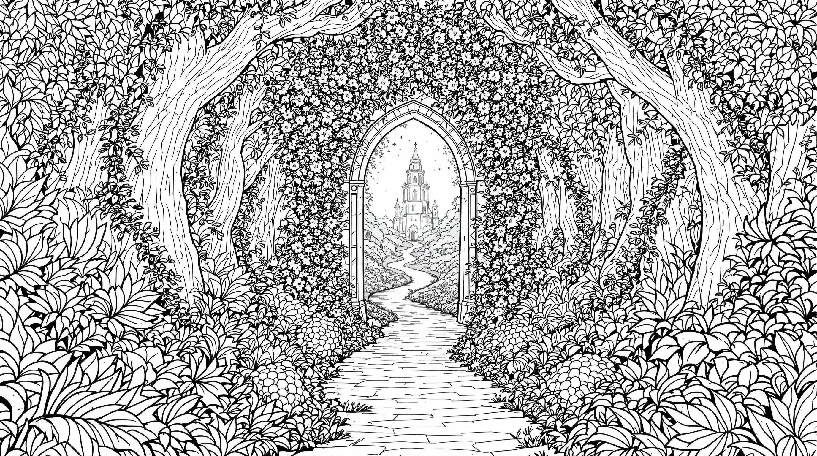 Forest Path to Gothic Archway Coloring Page | Free PDF | Colorazen