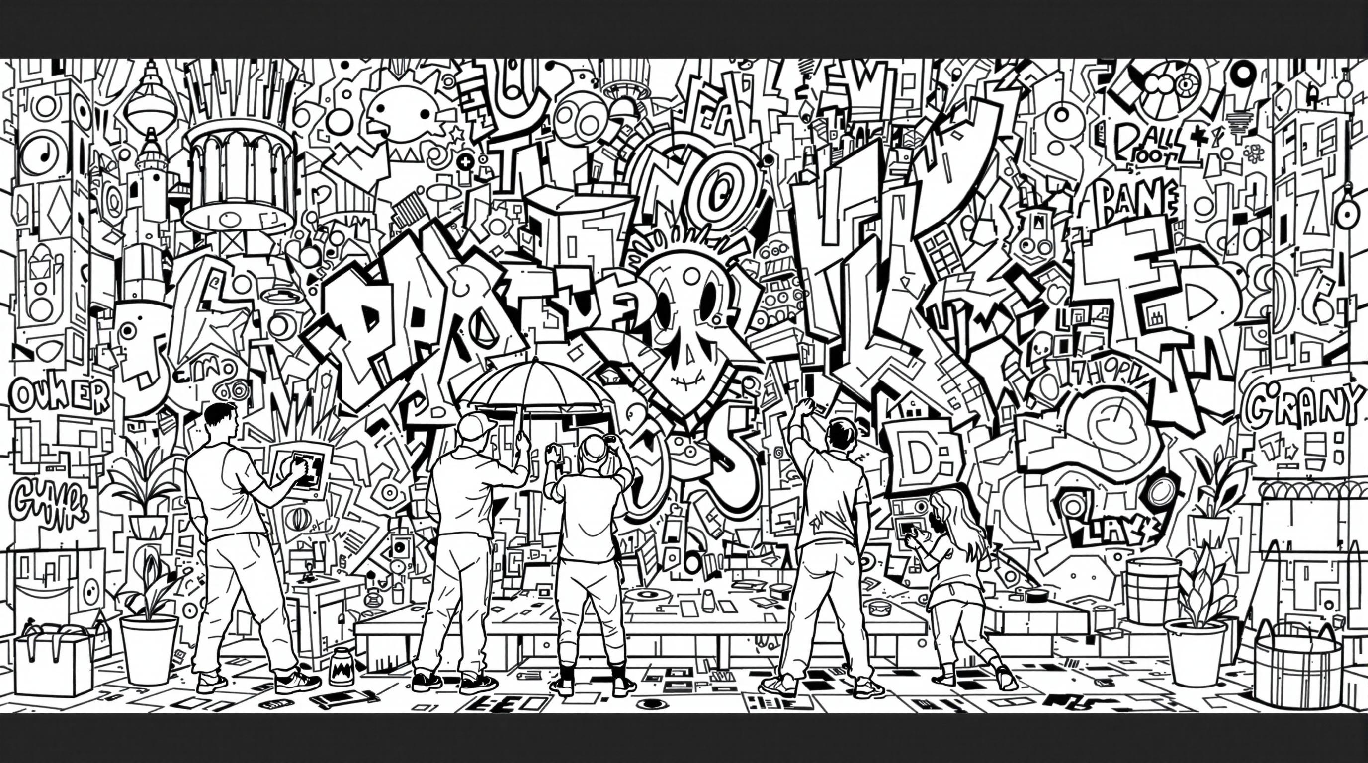 Urban Street Art Coloring Page: Collaborative Mural Design for Adults ...