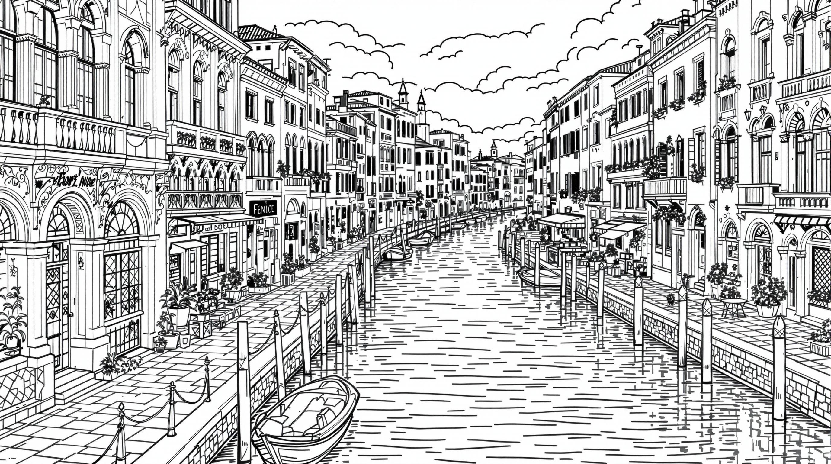 Venice Canal with Gondola Coloring Page | Free PDF | Colorazen