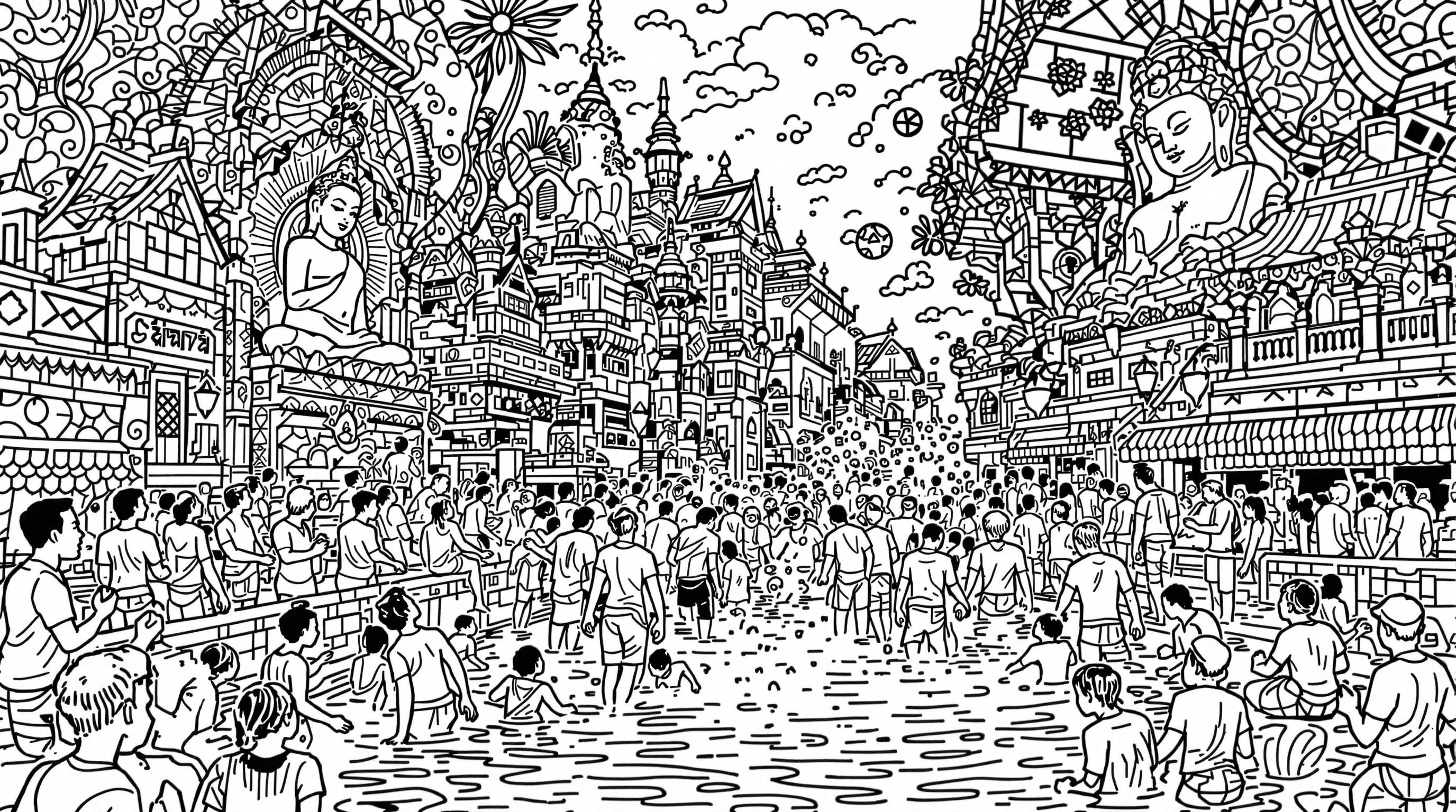 Thai Songkran Festival Adult Coloring Page | Traditional Water Festival ...
