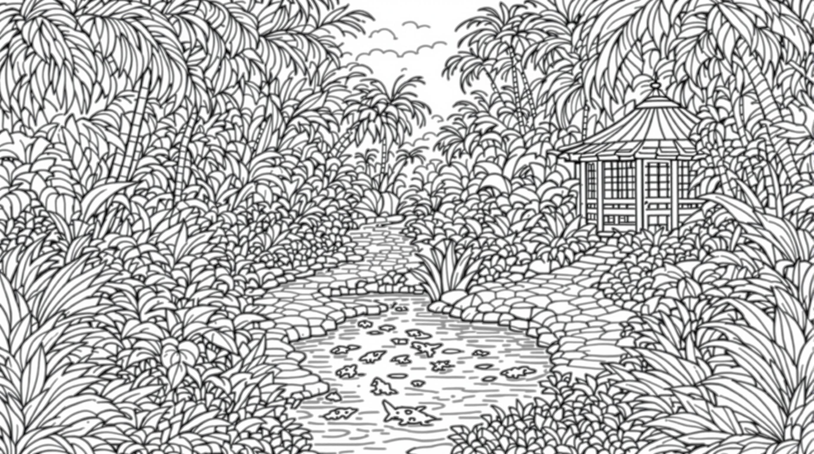 Tropical Garden Pavilion Coloring Page | Free PDF | Colorazen